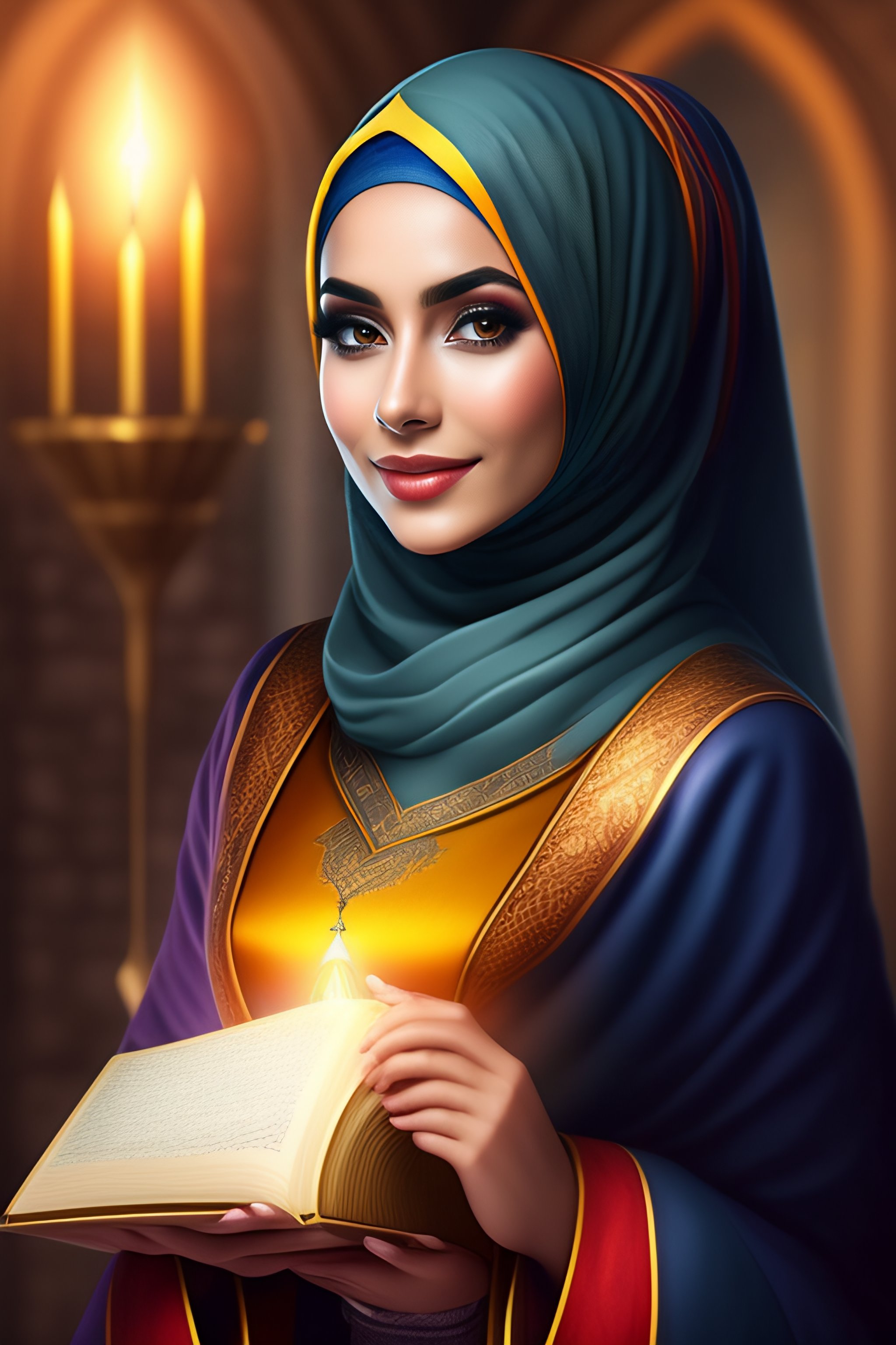 Lexica - Cute hijab girl wearing medieval mage scholar clothing