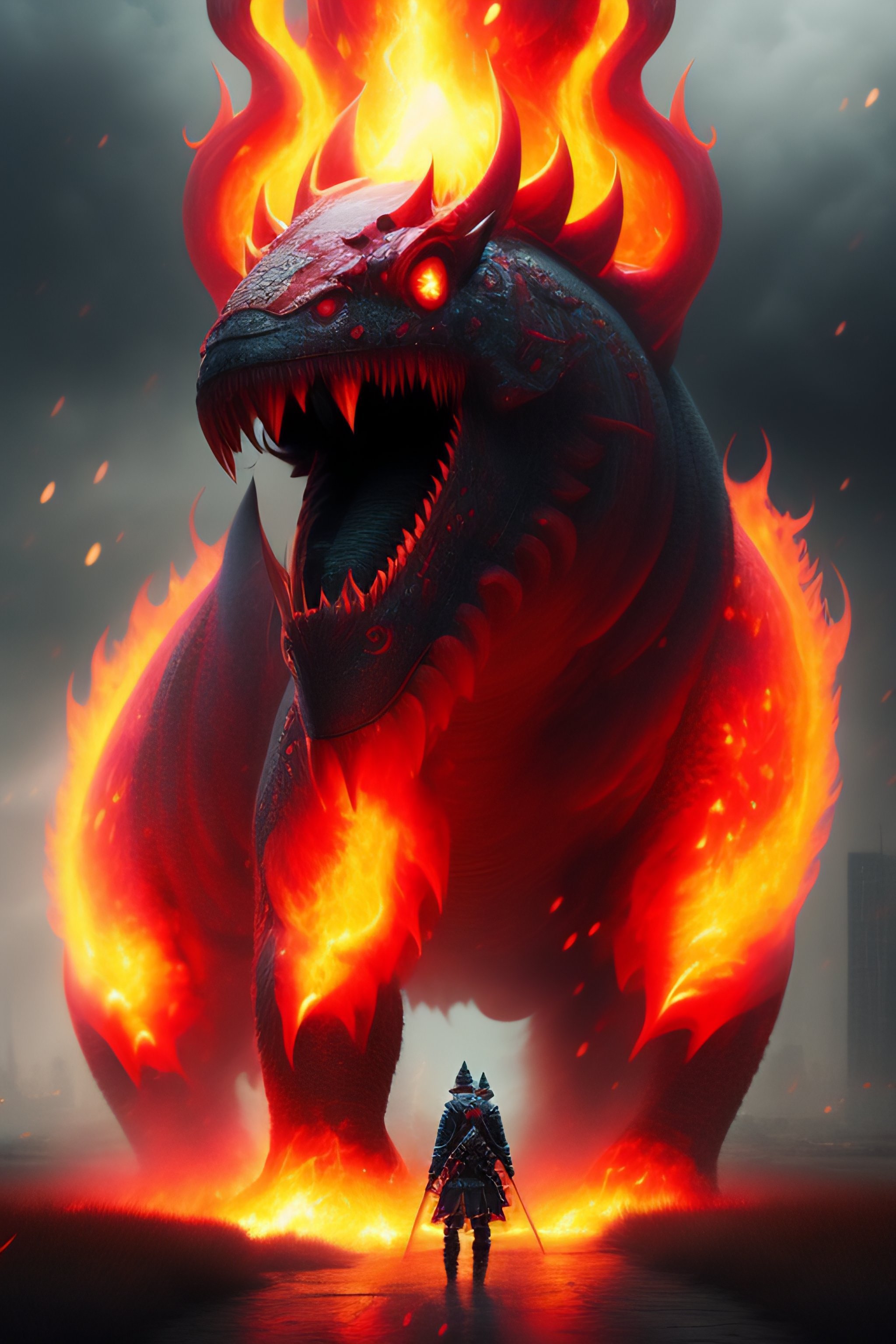 Lexica - Monster with 100 arms in a fire storm bleeding