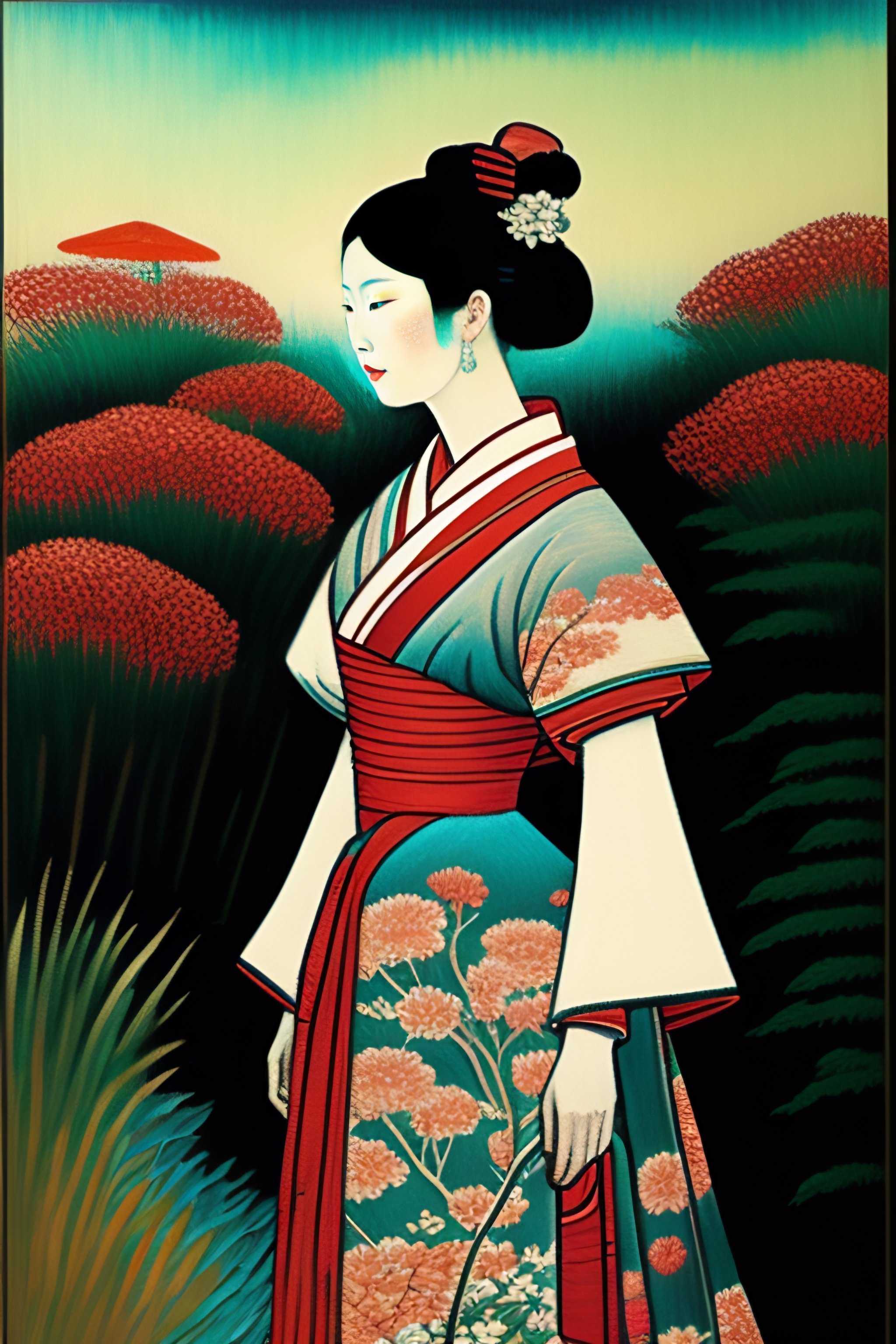 Lexica - Drawing of a geisha walking at sunset through a Japanese ...