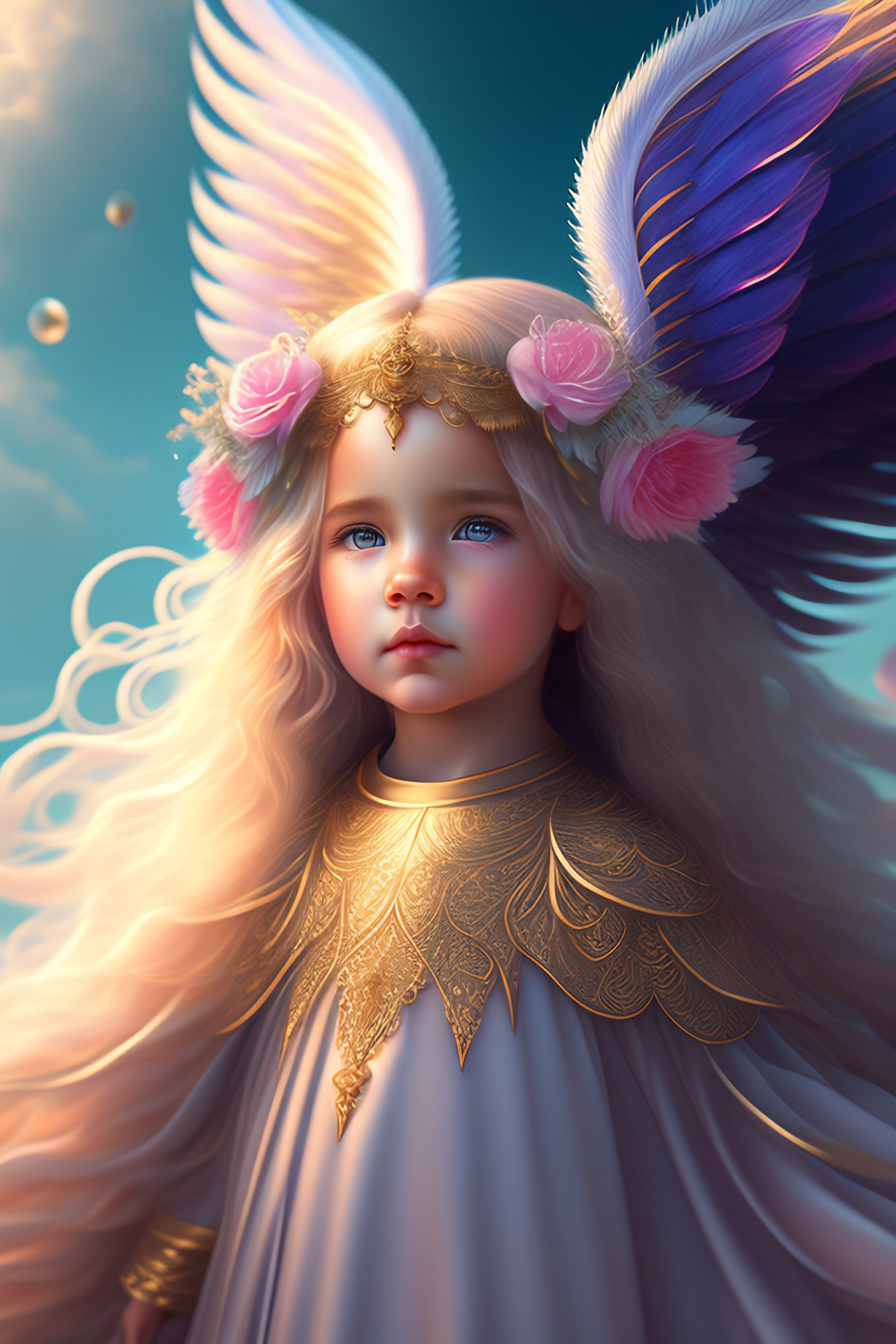 Lexica - A goddess-like child angel with feather wings wearing a long ...