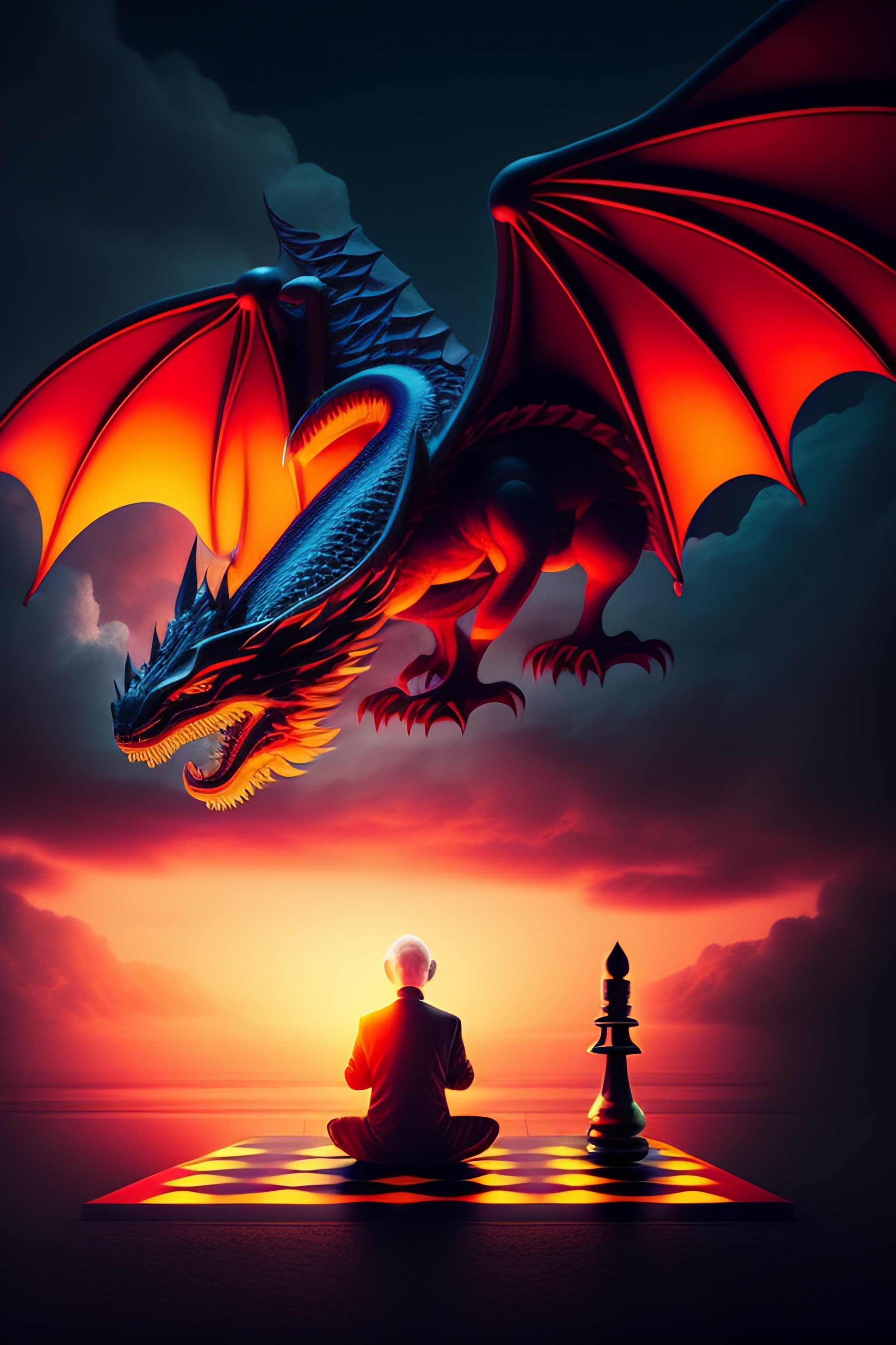 Lexica - Massive dragon flying behind old person meditating, Chess ...