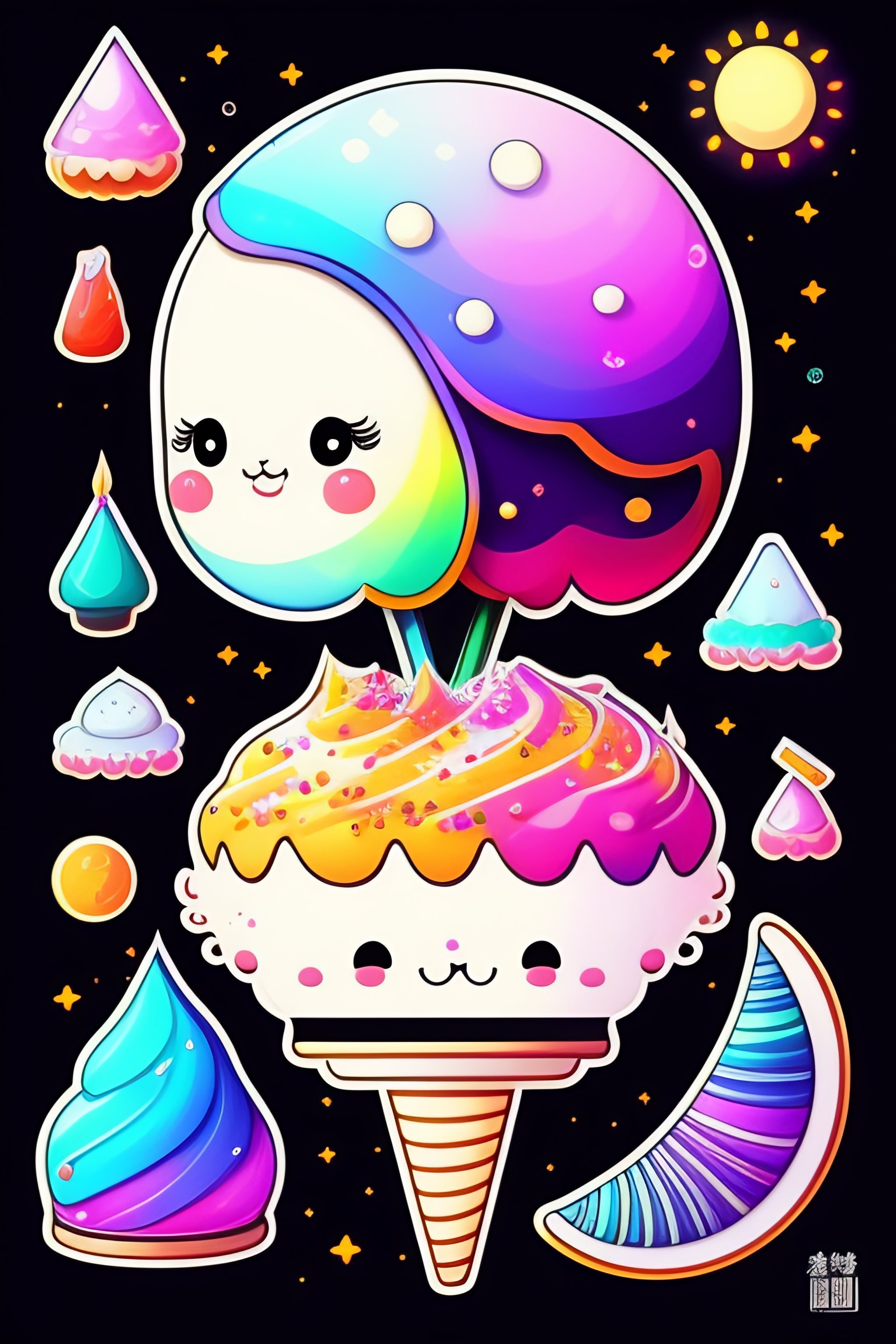 Lexica - Colorful, kawaii chibi icereams on pale black paper, very ...