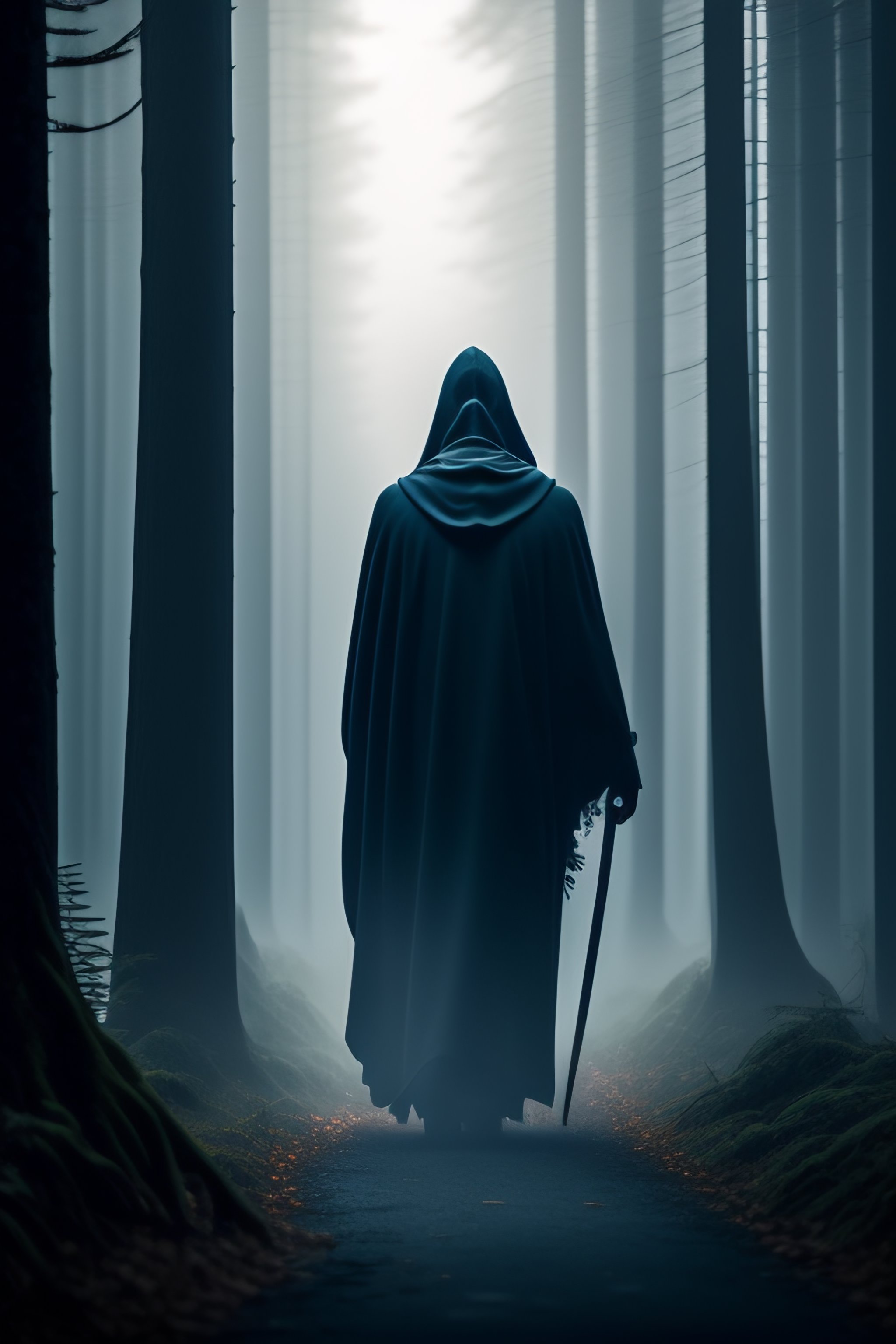 Lexica - Grim reaper, full body, skeleton face, foggy forrest, scary ...