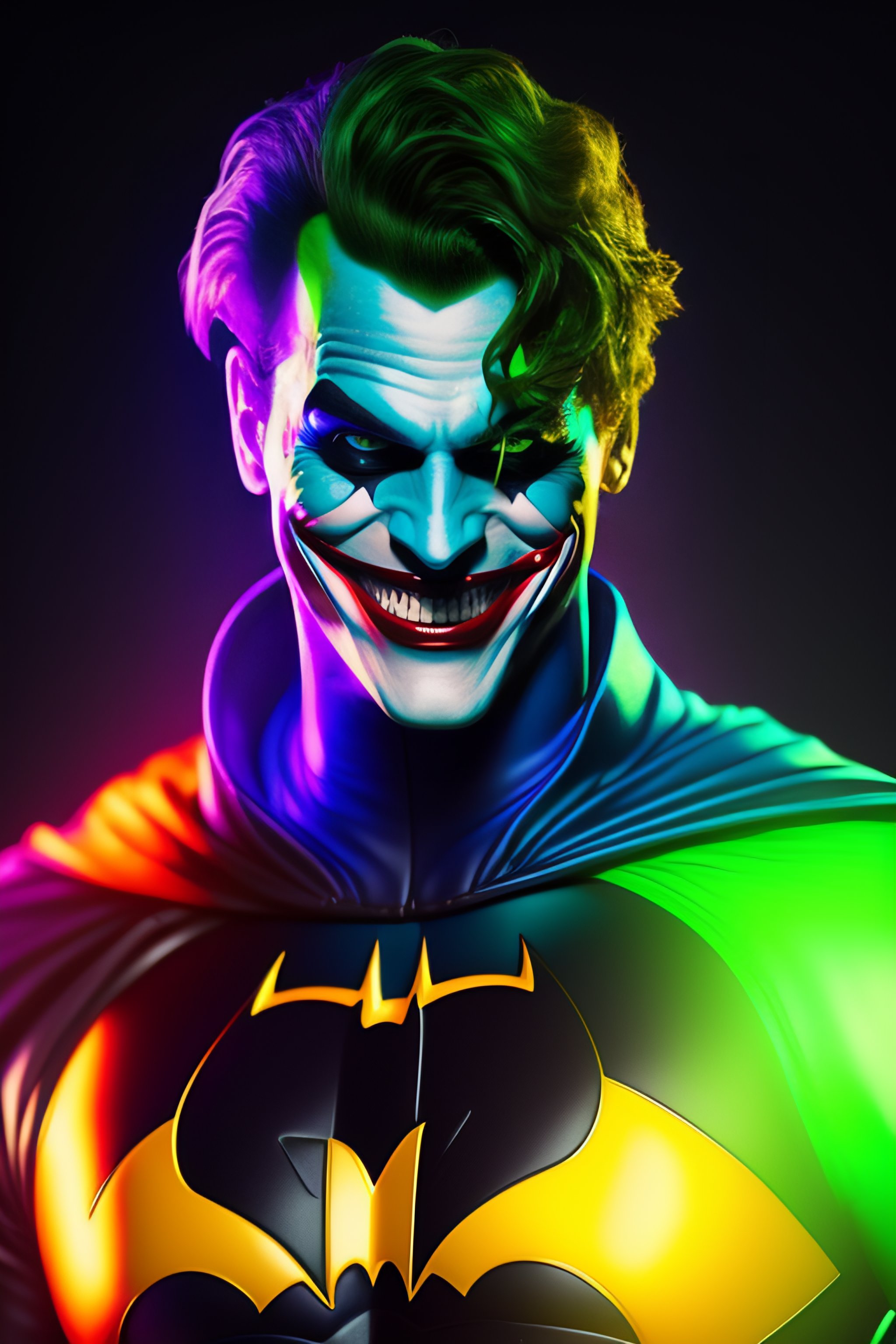Lexica - The joker wearing the batman suit, vivd colors, glowing lights