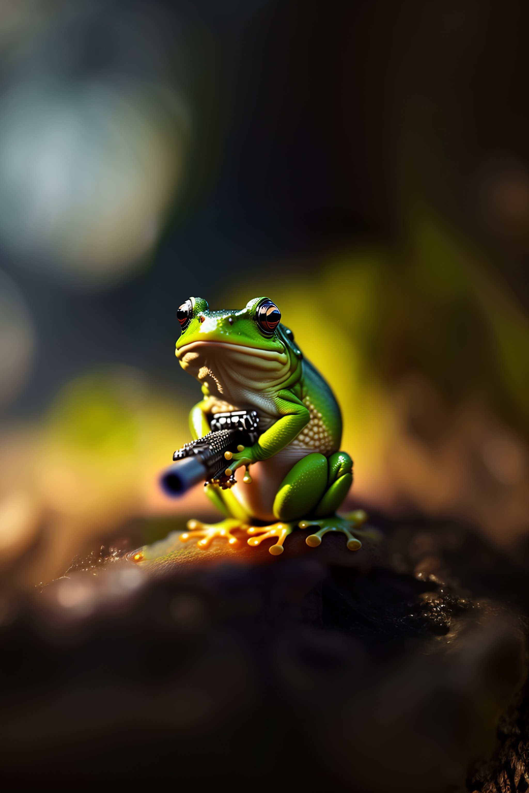 Lexica - A frog wielding a rocket-launcher from a video game.