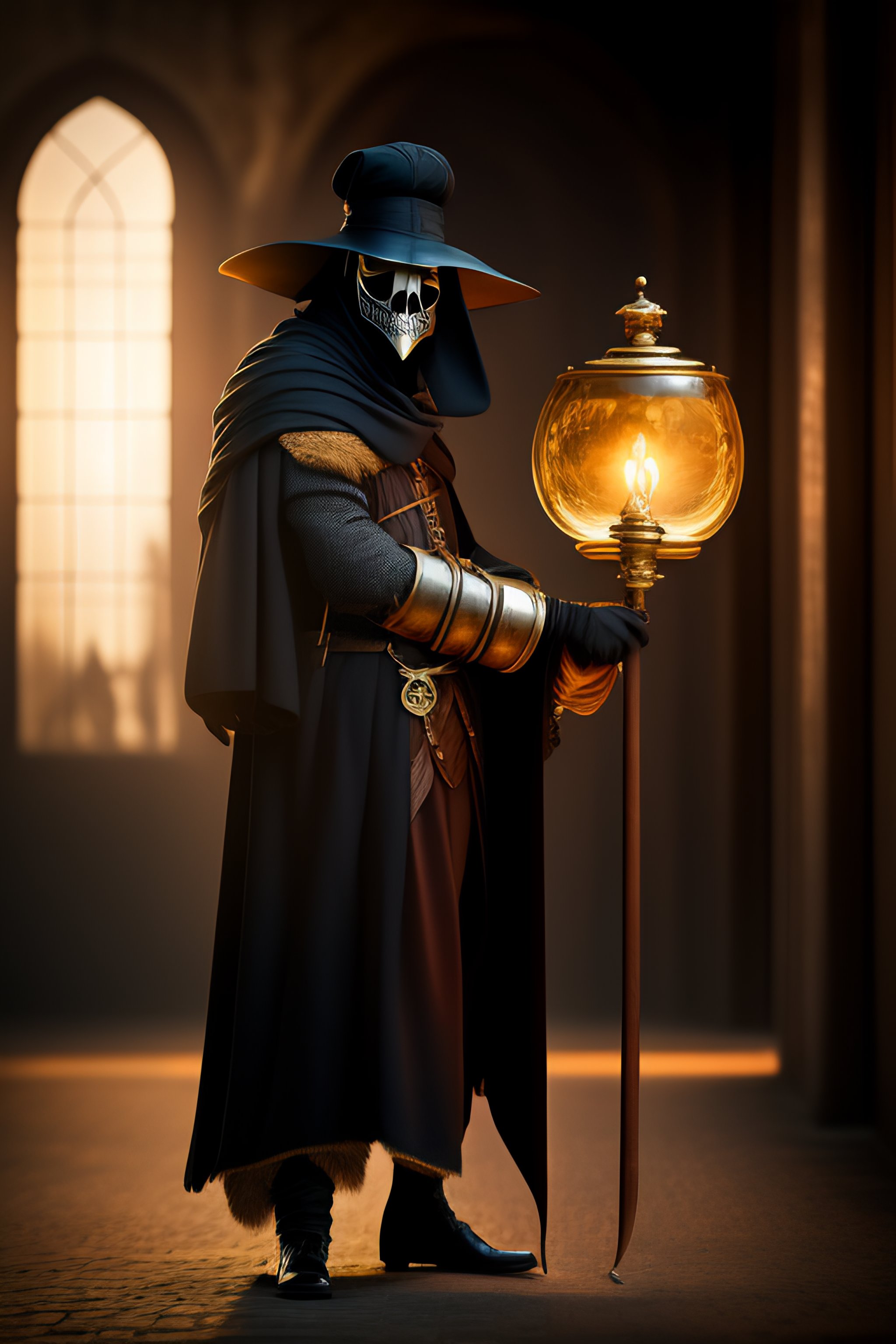 Lexica - A plague doctor holding a staff in one hand and a skull in the ...