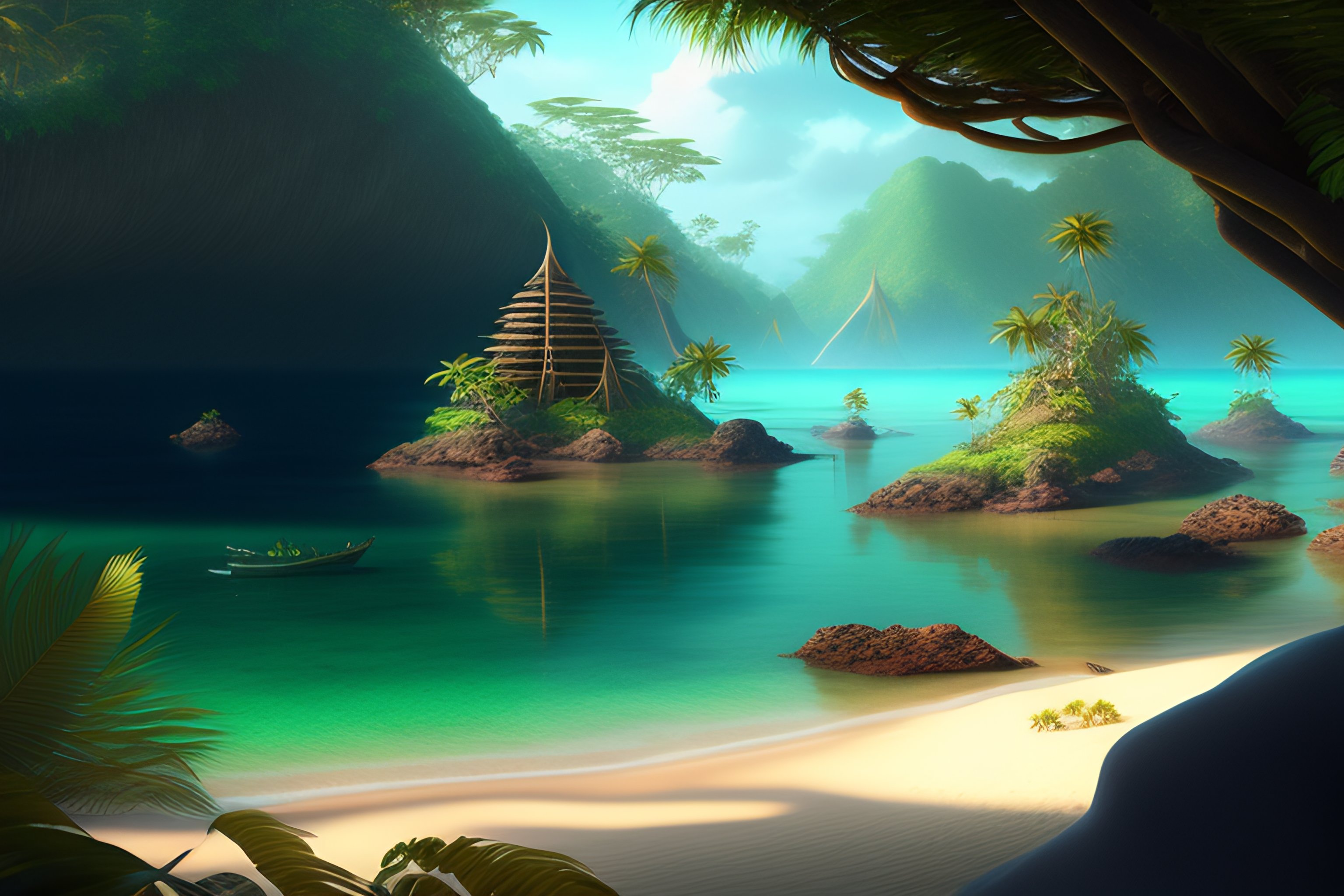 Lexica - Giant elven amerindian hut bamboo on tropical island beach ...