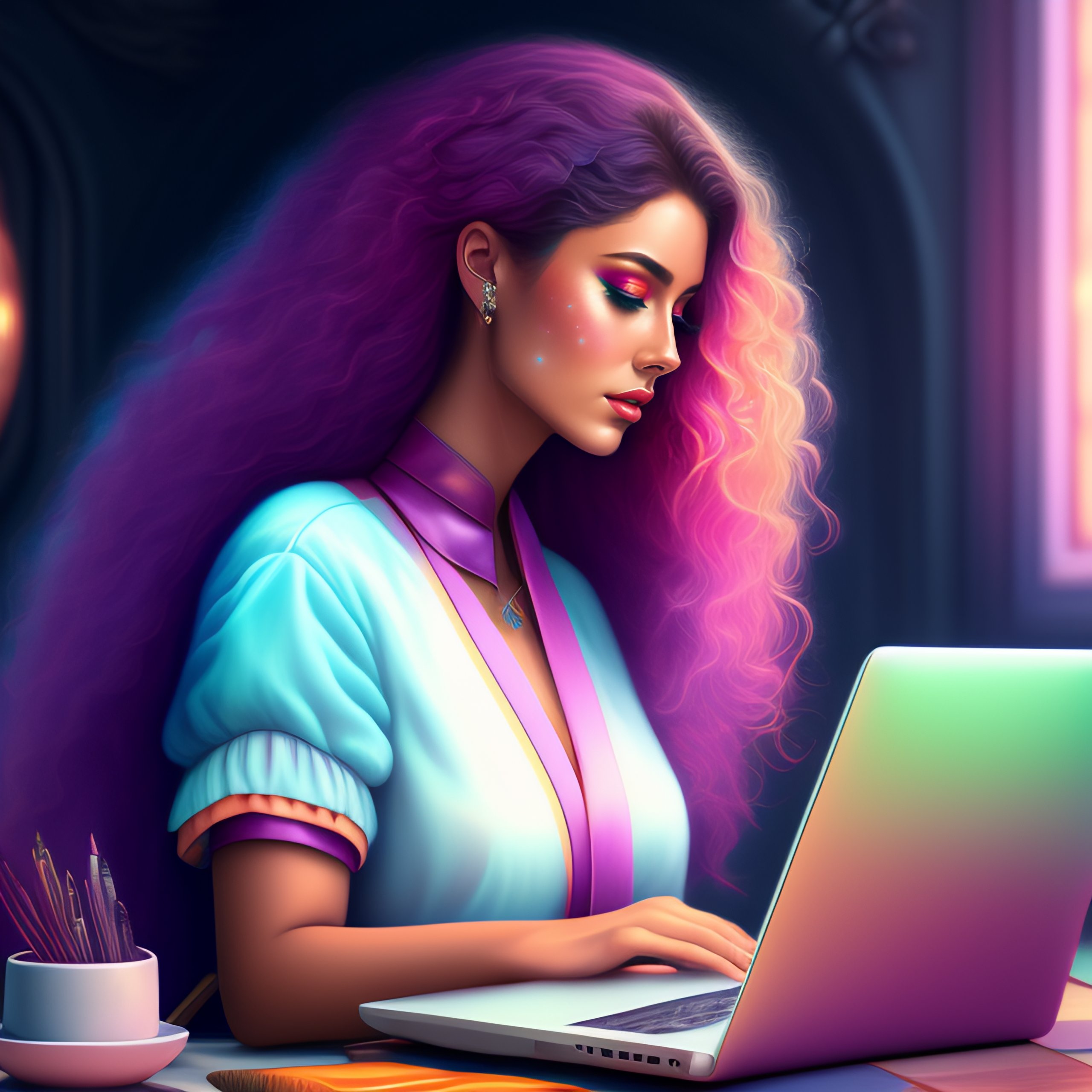 Lexica - Woman programming on her laptop, fantasy, future aesthetic ...