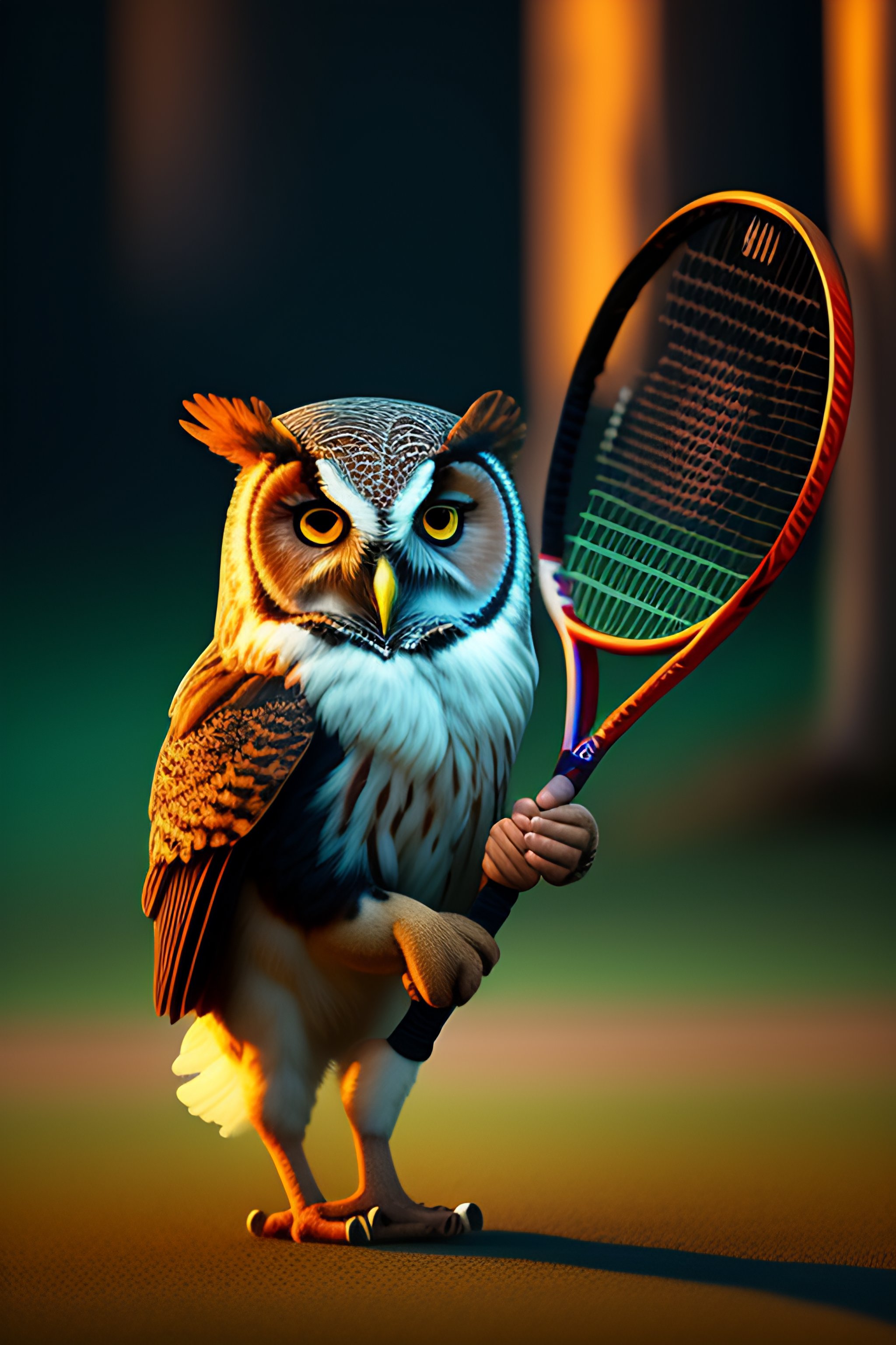 Lexica - Timid owl carrying tennis racket, michael kutsche, cinematic ...
