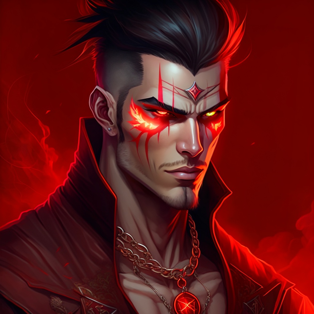 Lexica - Portrait of a vampire with red eyes, tattoo on his face, chain ...