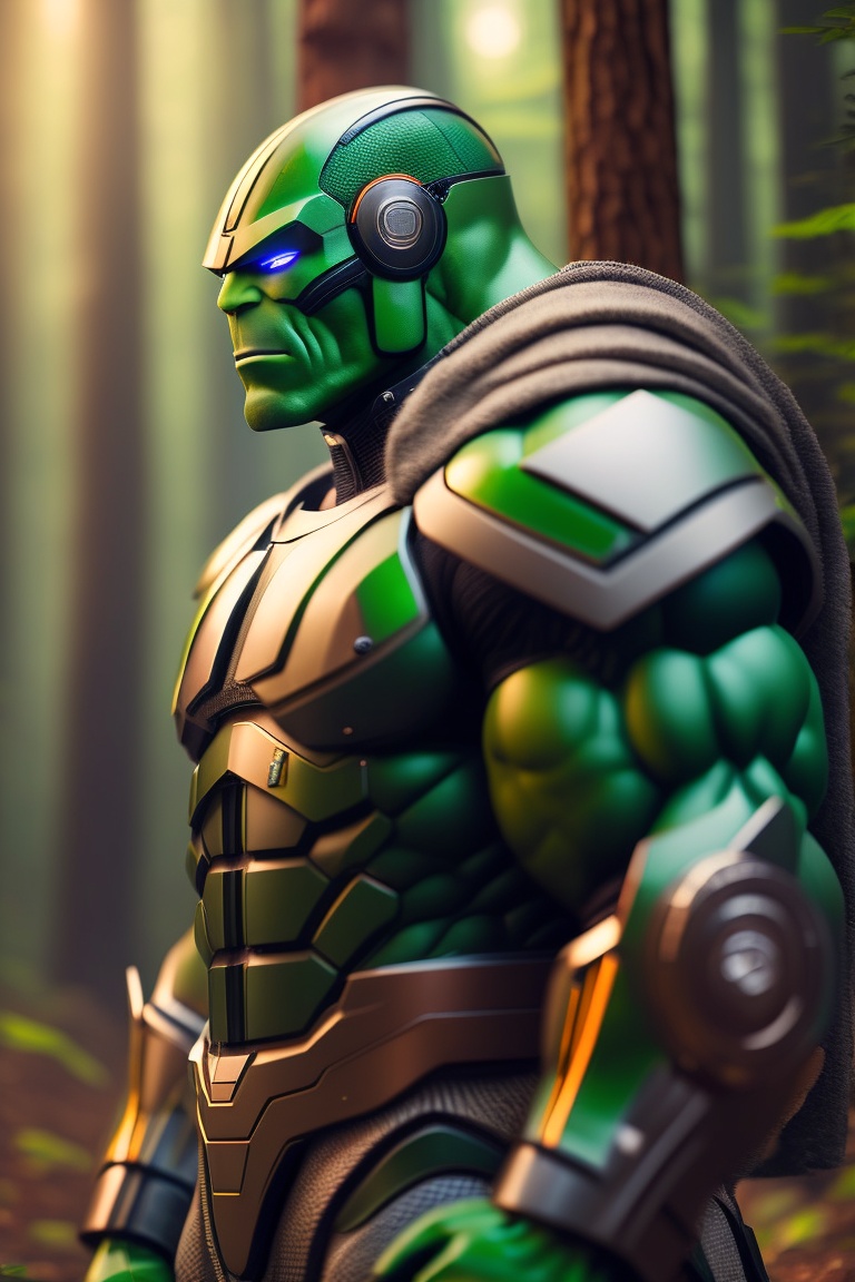 Lexica - Hulk wearing a futuristic armor::2.5 standing in a forest ...