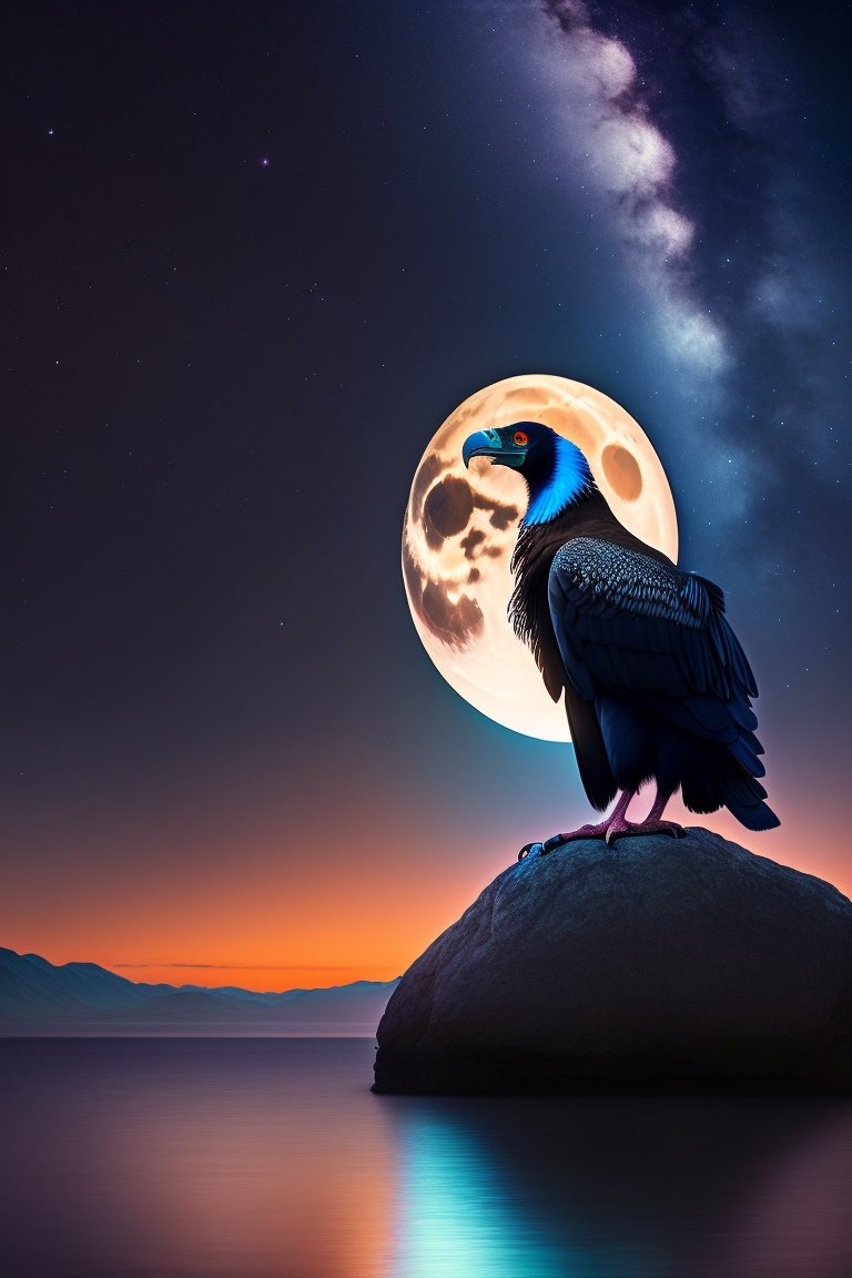 Lexica - Old vulture sitting on a rock, big moon behind the vulture in ...