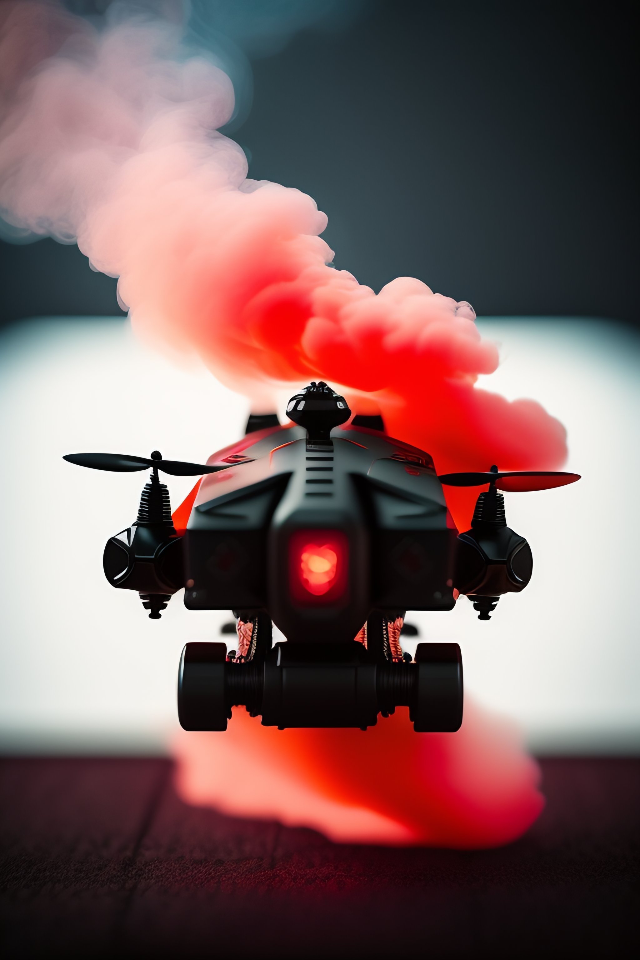 Lexica - Bllack mini cybor military drone , background red smoke ...