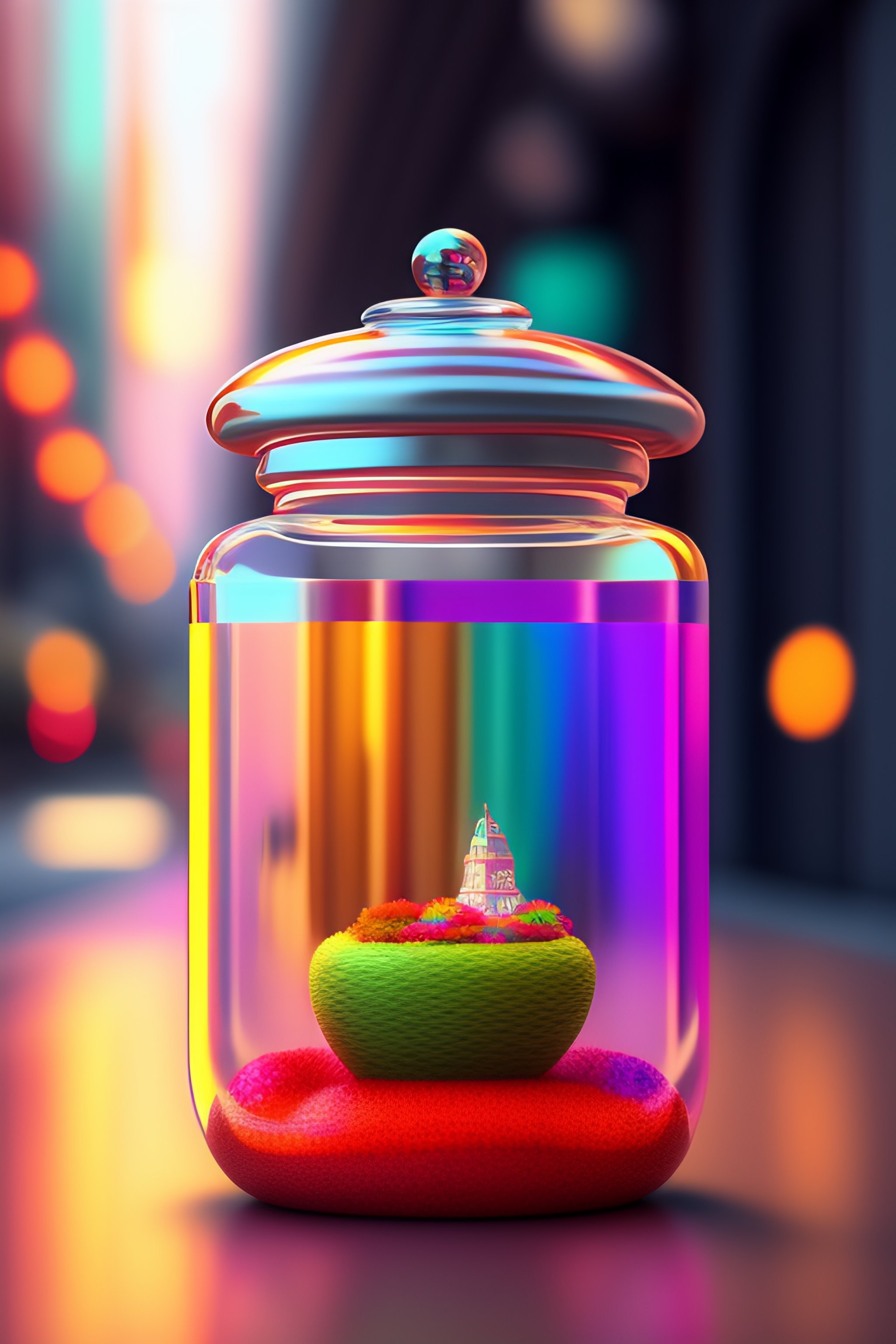 Lexica - Glass jar, inside is a vibrant inside a cute little lady in a ...