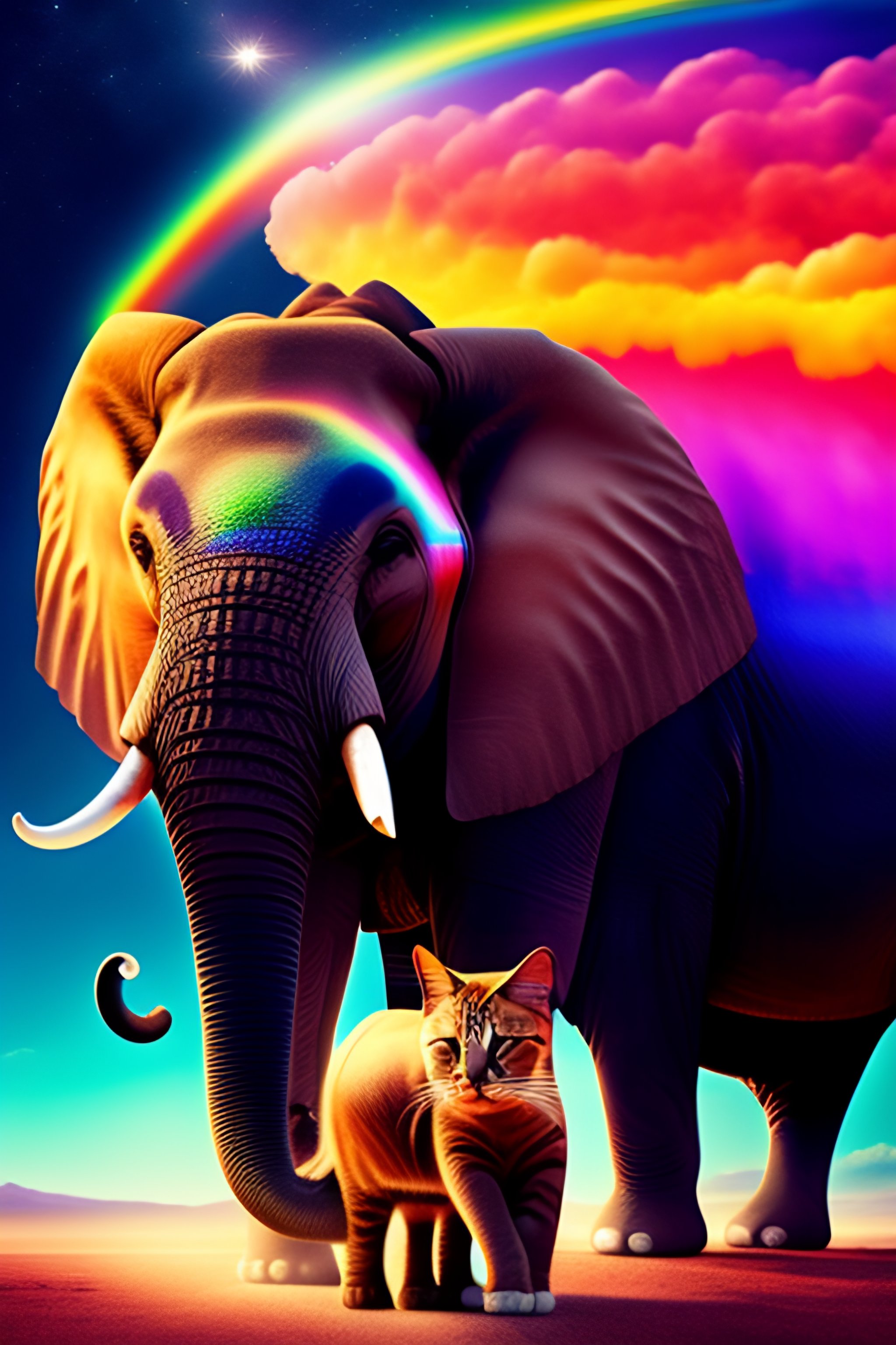 Lexica - Cat riding elephant in a universe of pizzas, rainbow in the ...