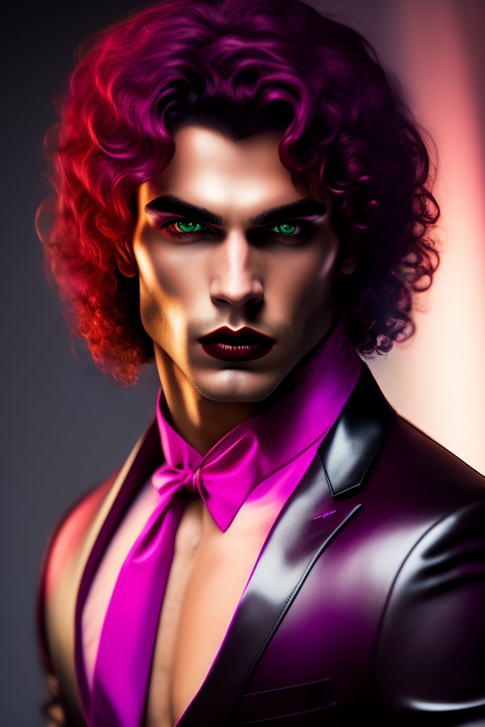 Lexica - Vampire with curly blond hair, magenta eyes, rosey lips, male