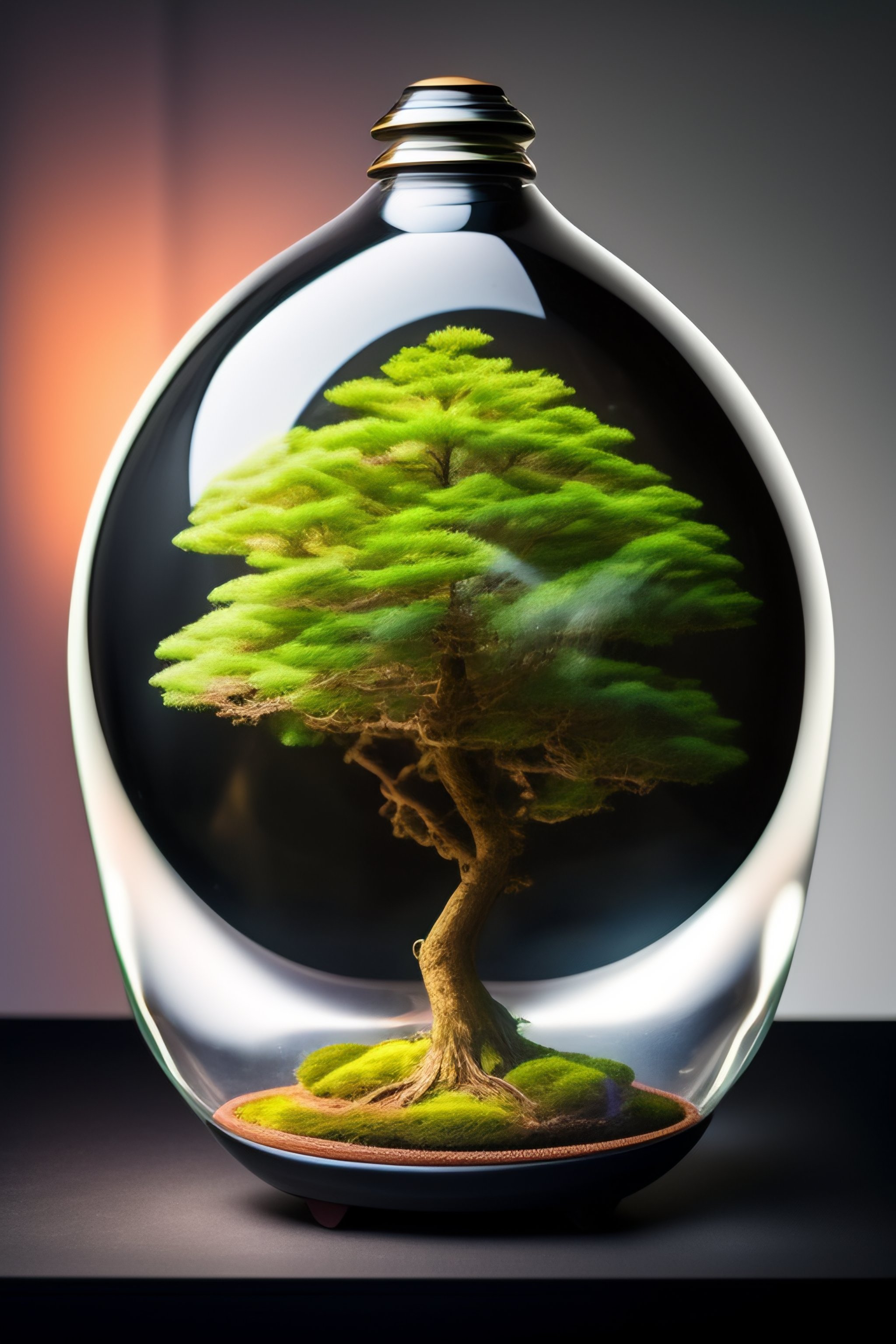 Lexica - Elon Musk inside a transparent bulb next to a bonsai tree
