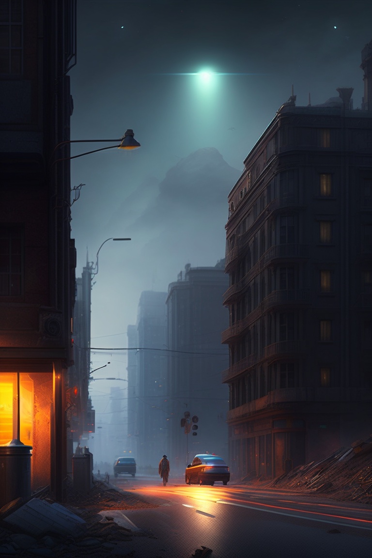 Lexica - A post-apocalyptic cityscape at night, with dilapidated ...