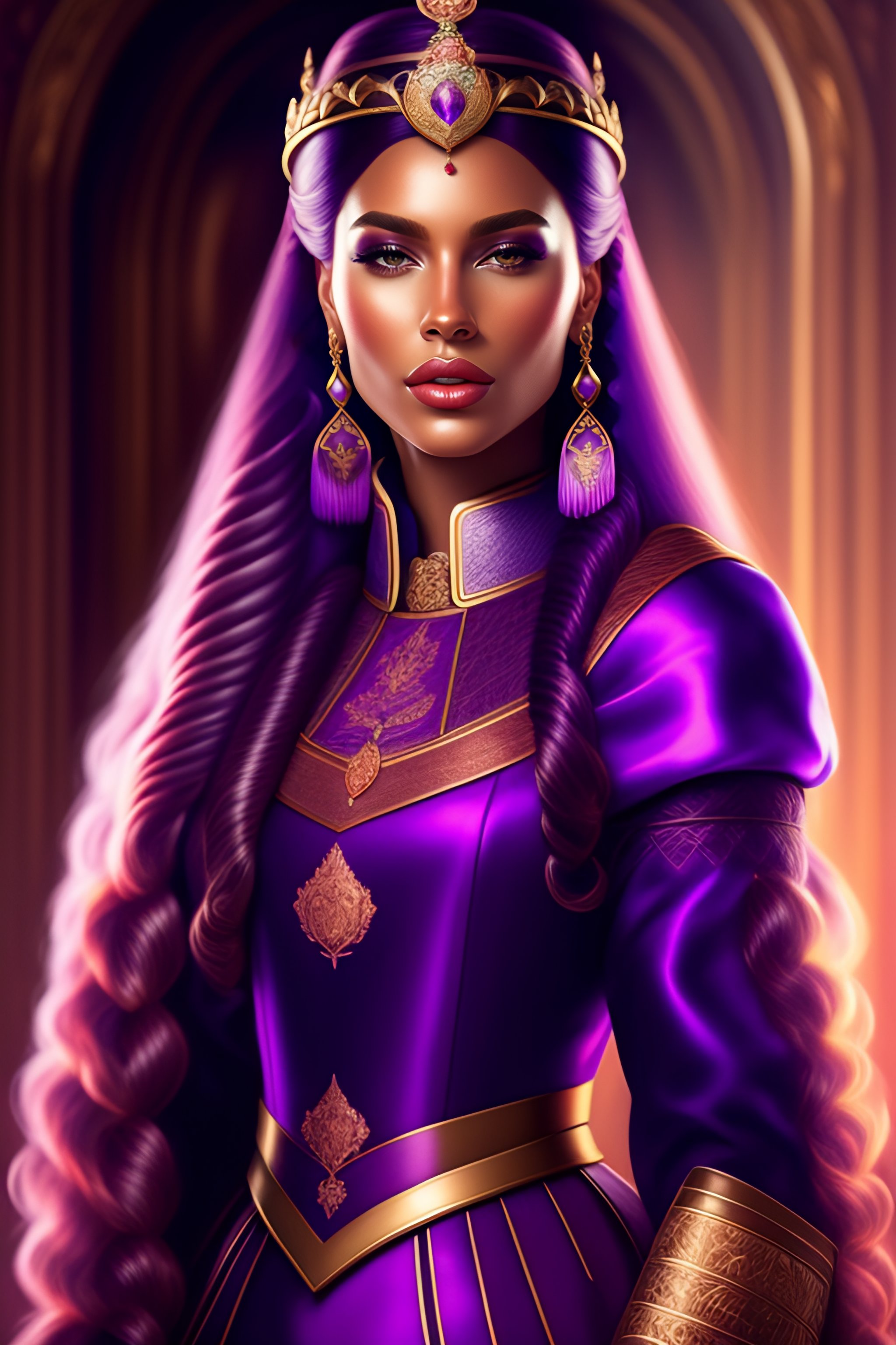 Lexica - Portrait of a young queen with long wine color braided hair ...