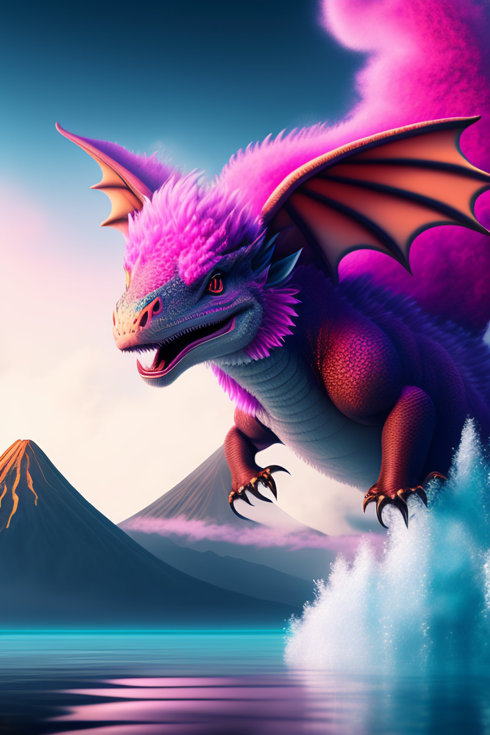 Lexica - Fluffy pink water dragon flying over a volcano