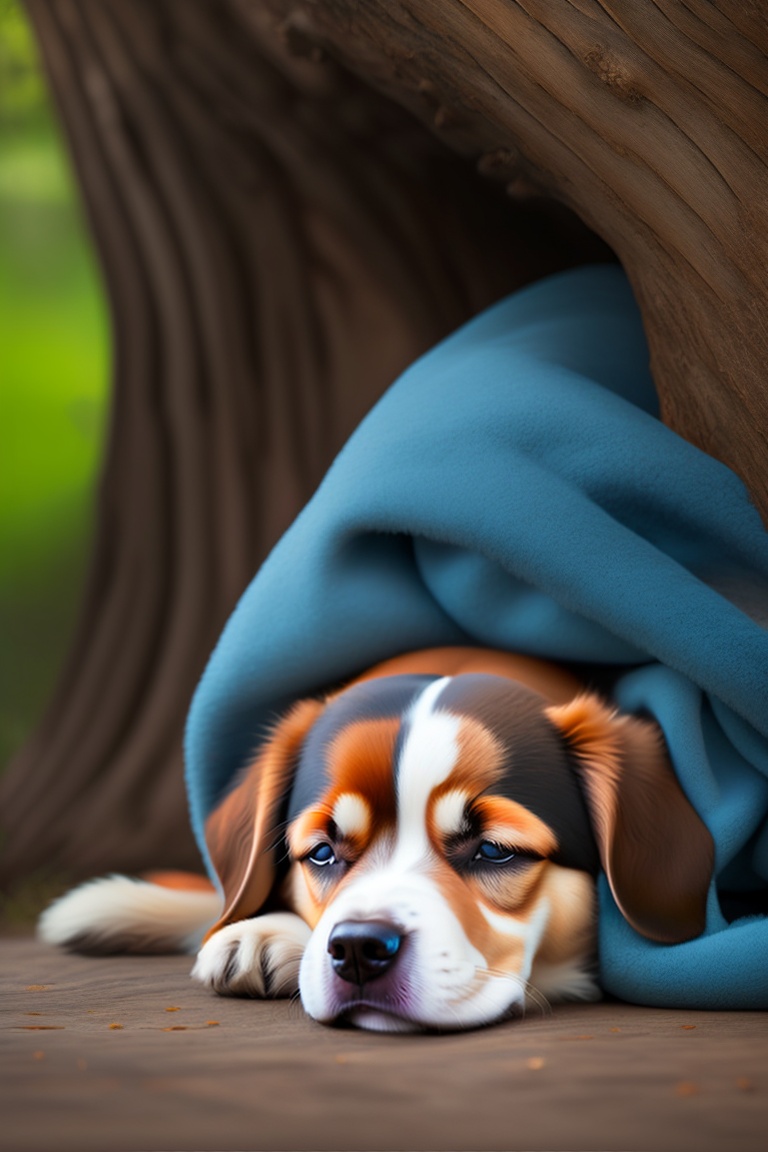 Lexica - Little dog sleeping under a big tree, blue eyes, cute brown fur