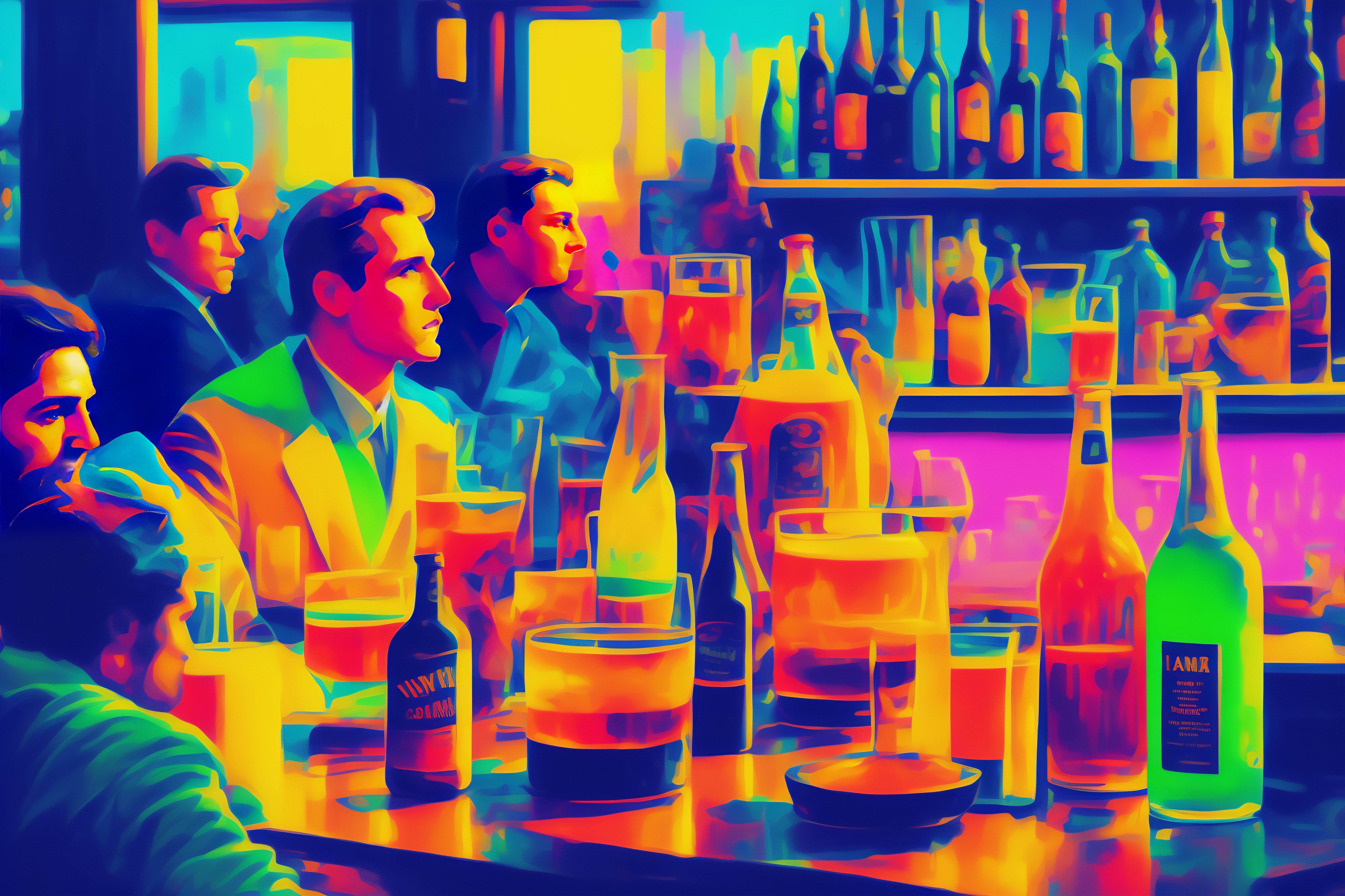 Lexica - A drinking party at a bar, rainbow color, abstract art, in the ...