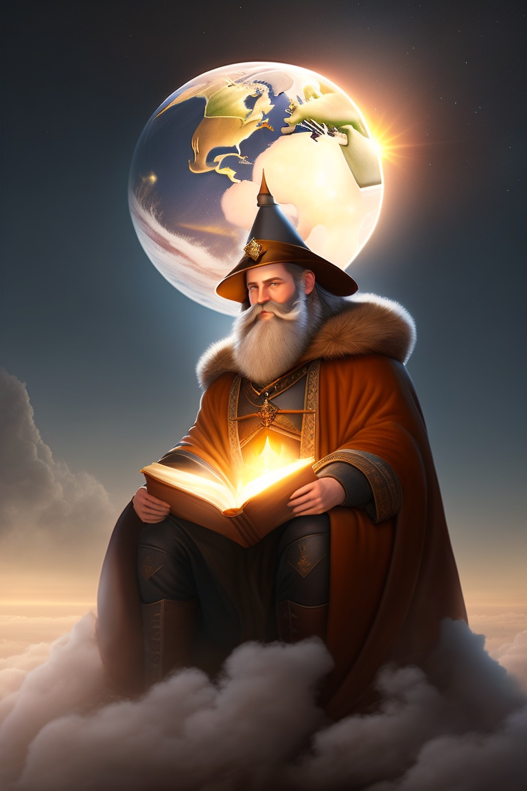Lexica - A brown skind wizard, sitting on a cloud, holding the earth in ...