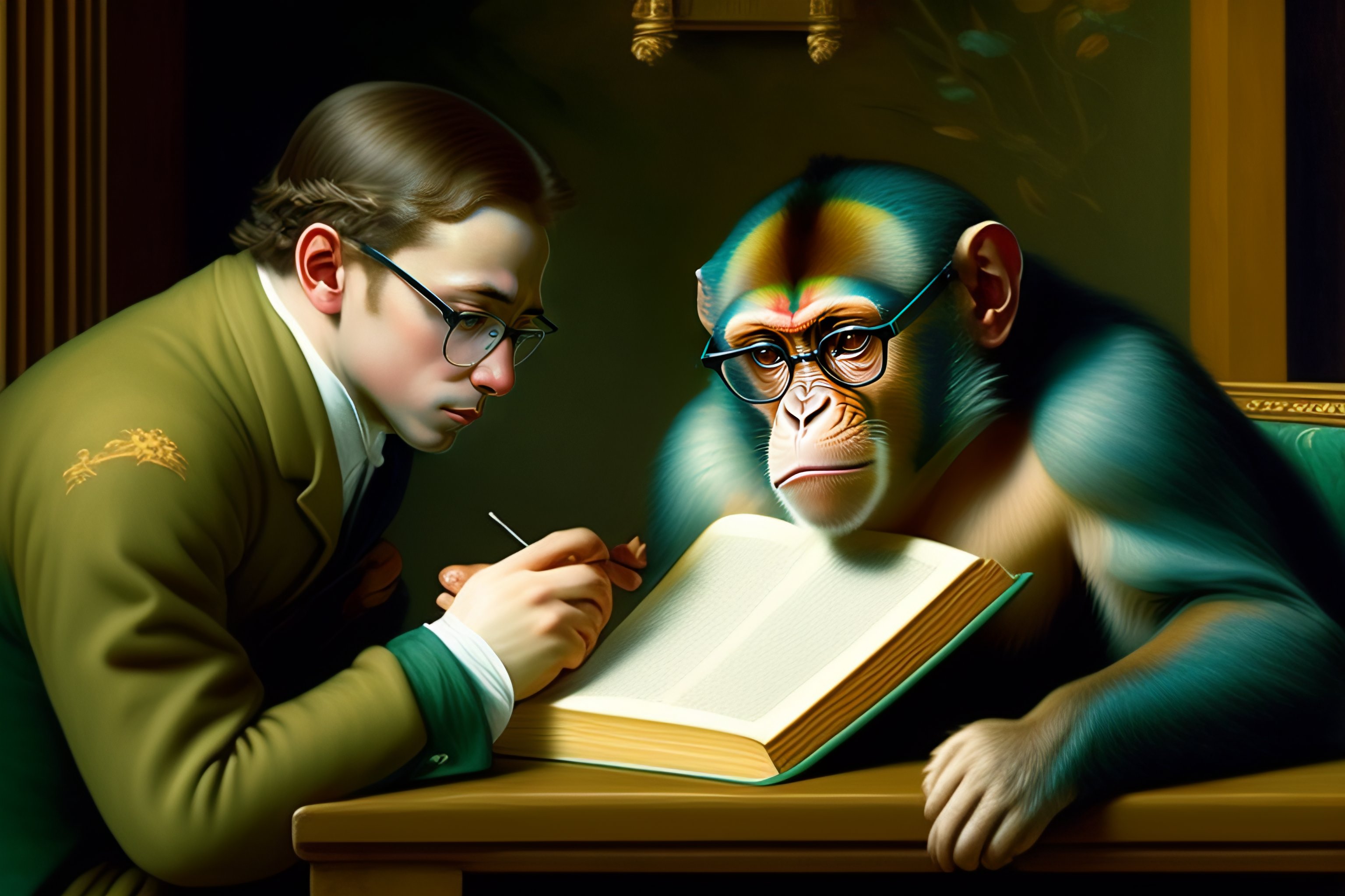 Lexica - Intelectual monkey reading a book with glasses renaissance ...