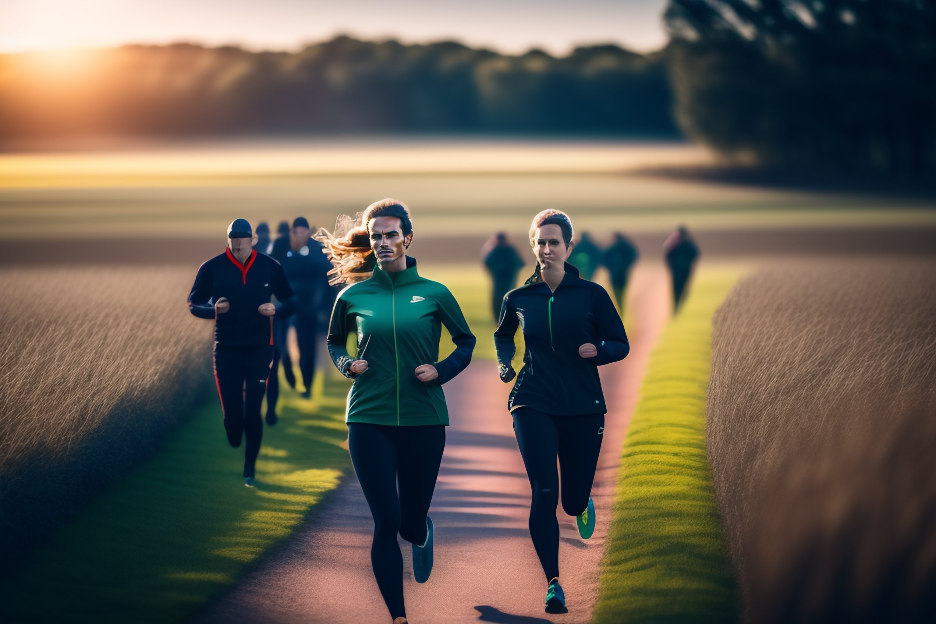Lexica - Men and women chasing, front view, grass ground, sun, sharp faces
