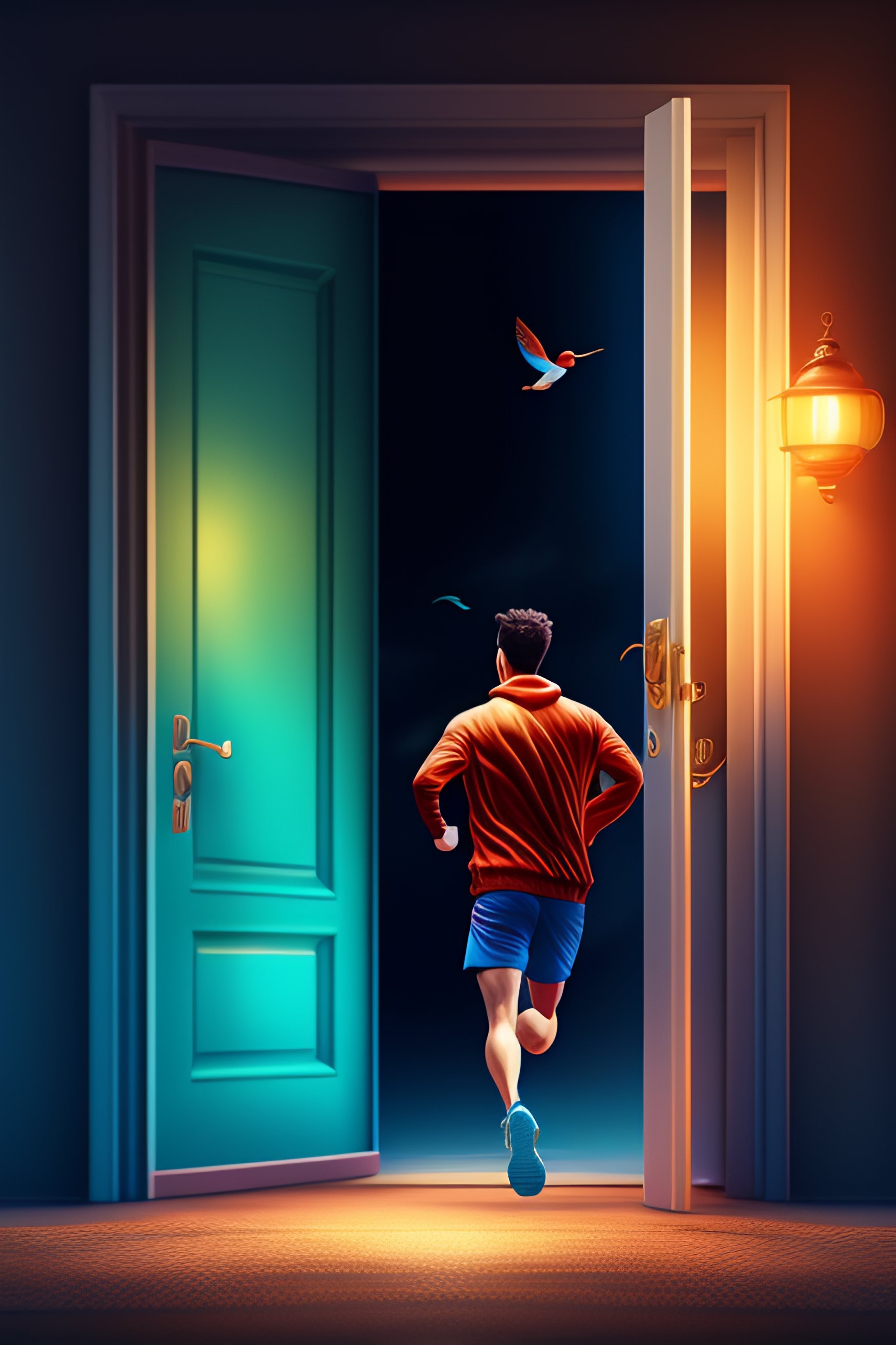 Lexica - A person running for a door, Panic, urgency, love, together ...