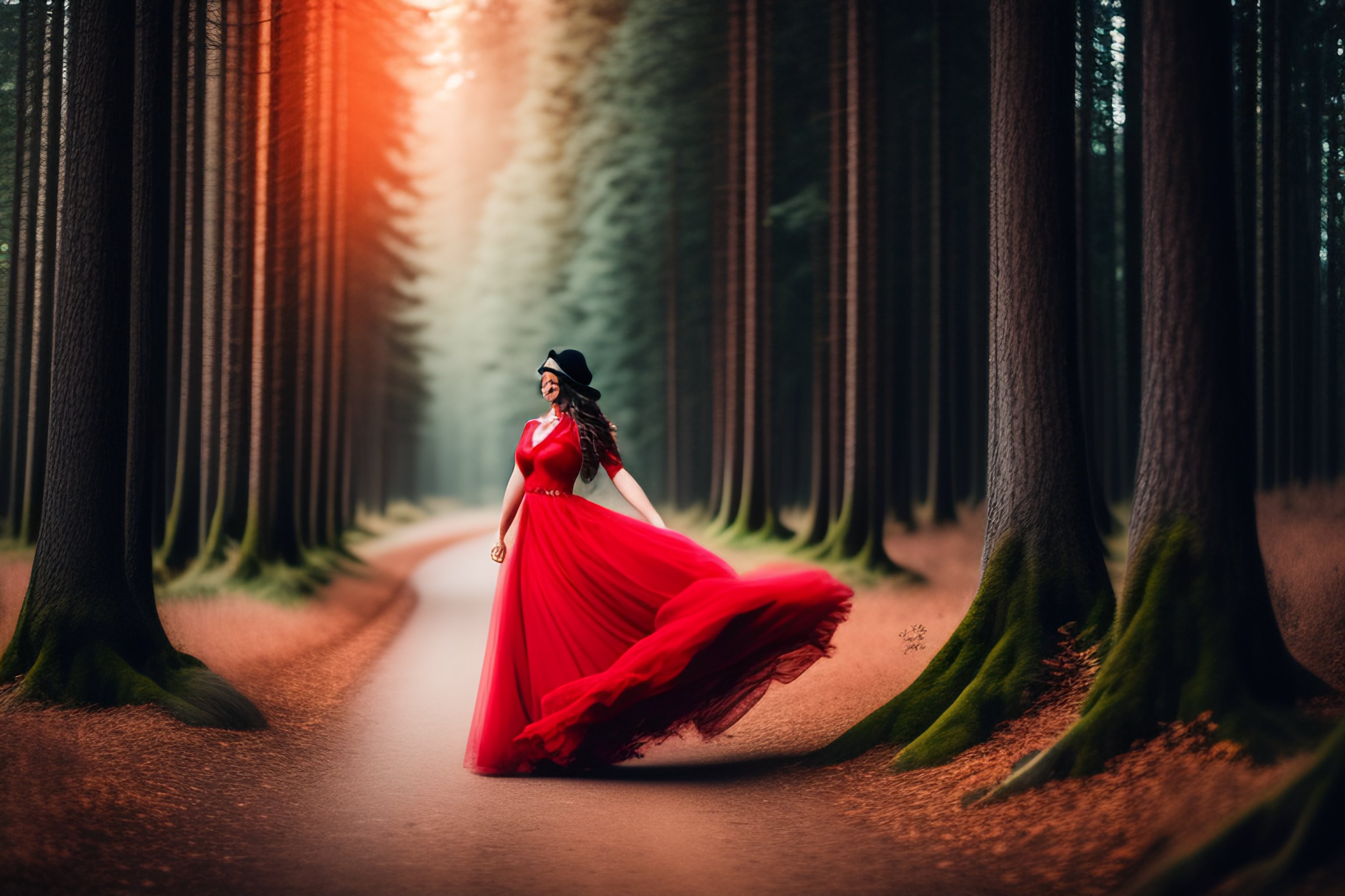 Lexica - Lady in red dress dancing in the forest