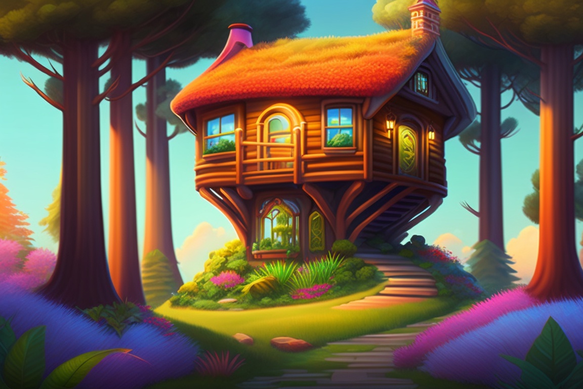 Lexica - Treetop house located in a forest, vivid cartoon image