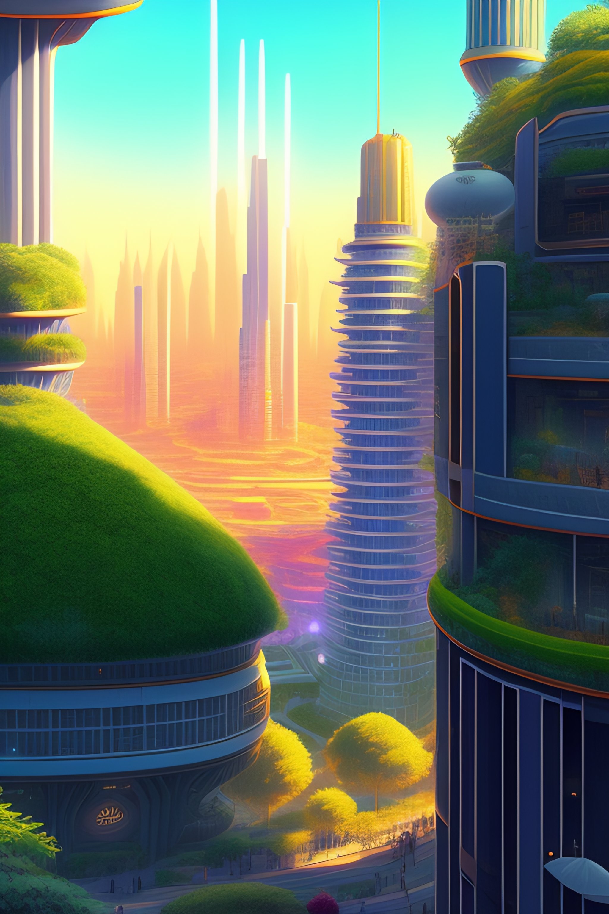Lexica - Realistic Solarpunk utopian cityscape, from the roof, many ...