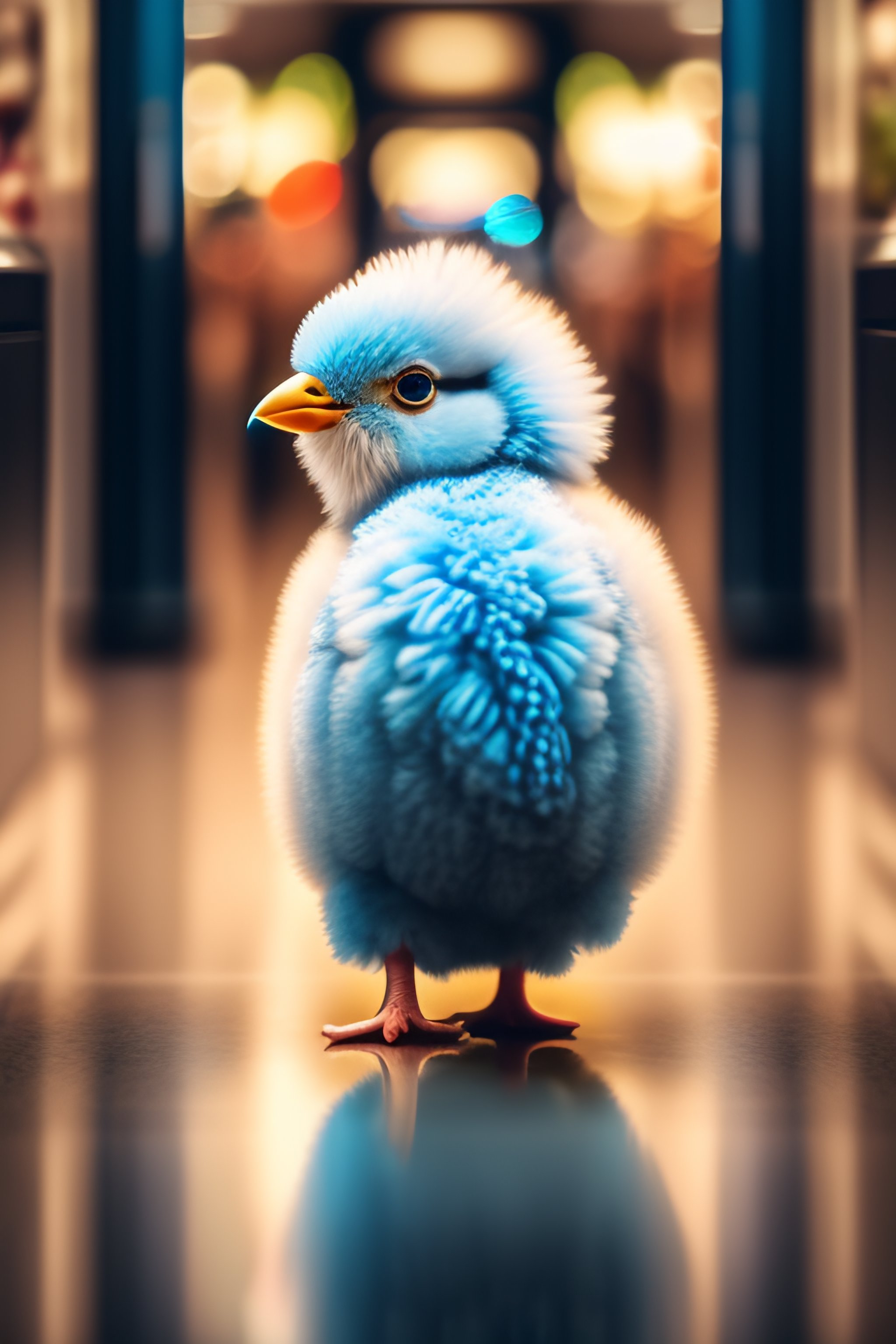 Lexica - A small light blue chick animal walking through a mall aisle ...