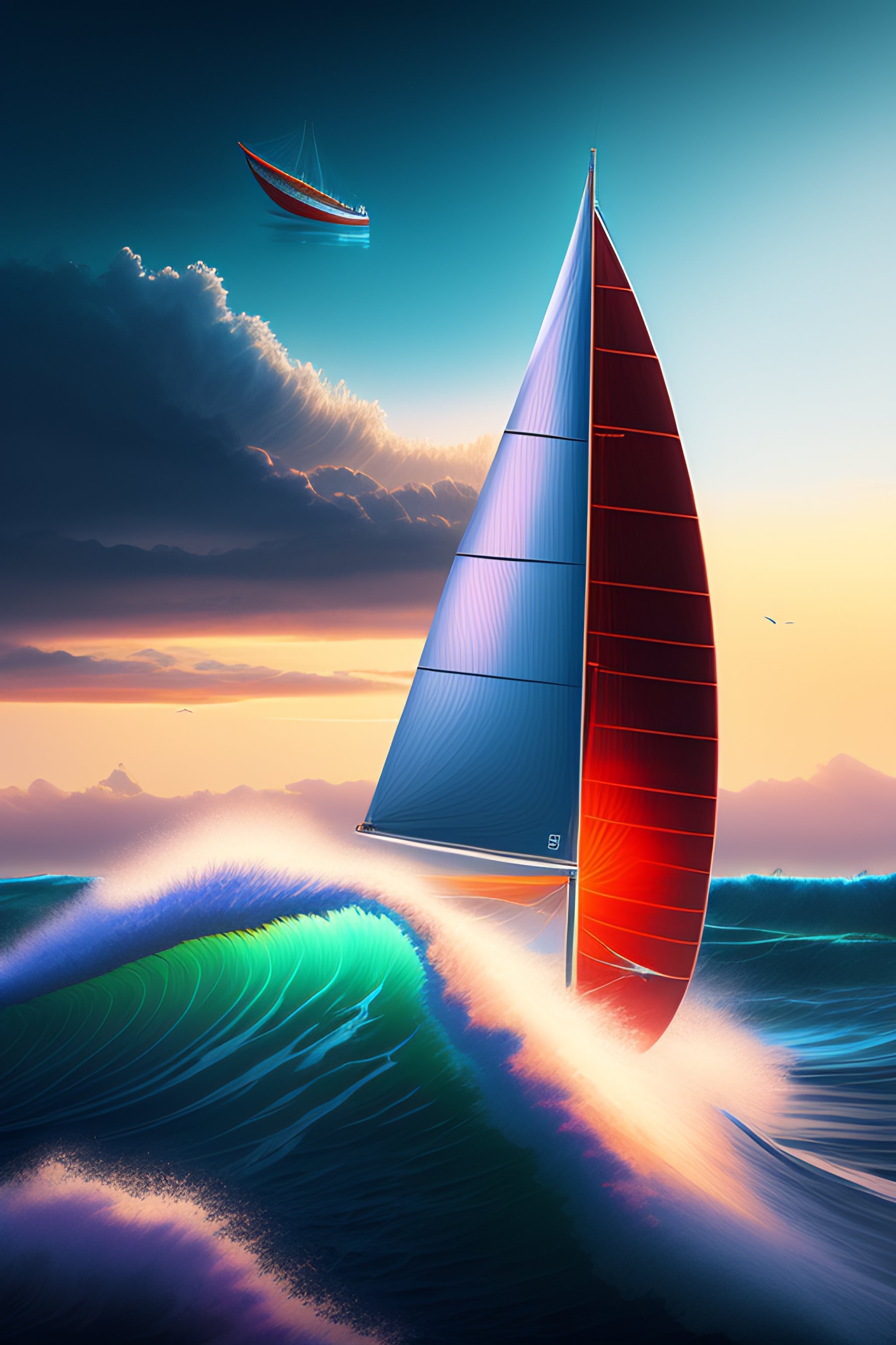 Lexica - /imagine prompt:sailing boat catamaran flying on the wave sea ...