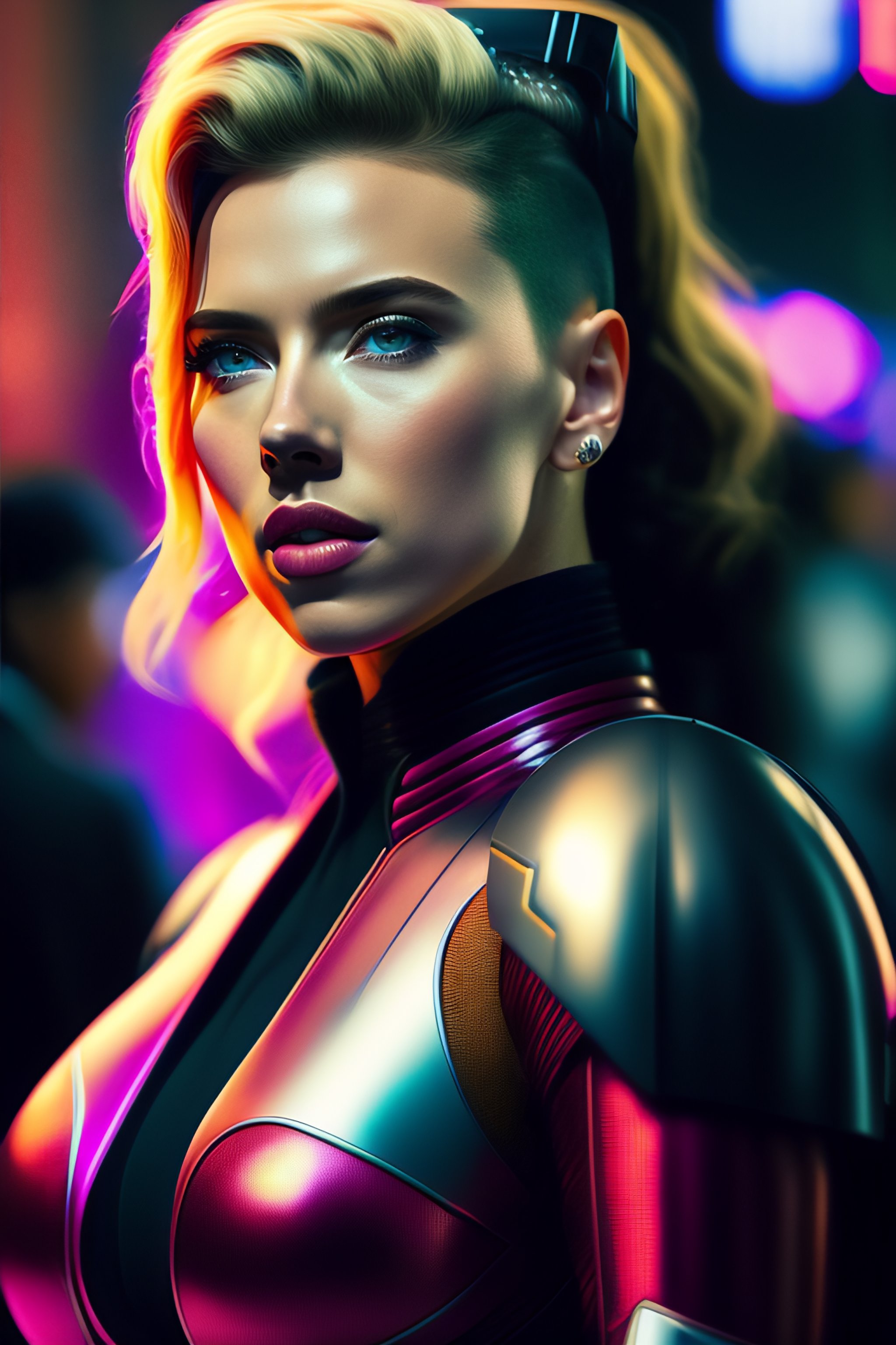 Lexica - Cyberpunk scarlett johansson, artificial arm, in Tokyo, full ...