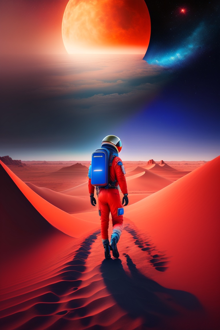 Lexica - Astronaut walking through the red desert, space in the background, stars, a small blue ...