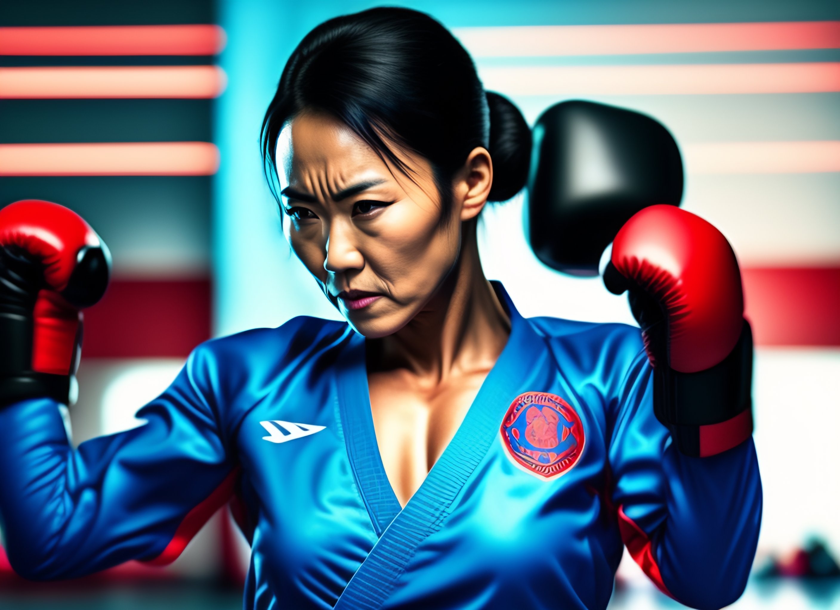 Lexica - Martial arts fighting lady sweating blue clothes