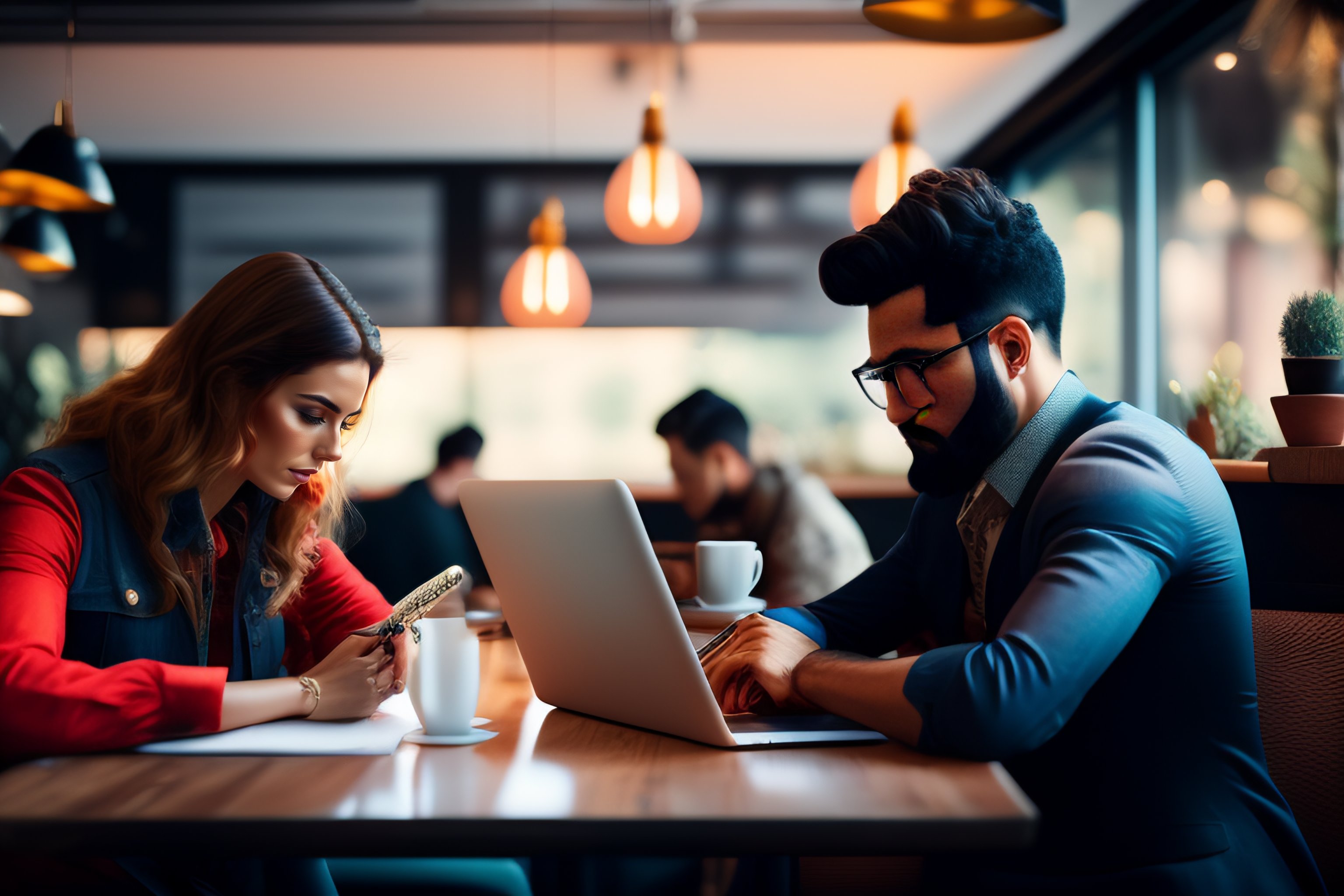 Lexica - Hipsters designers working on laptop in cafe, one is woman ...