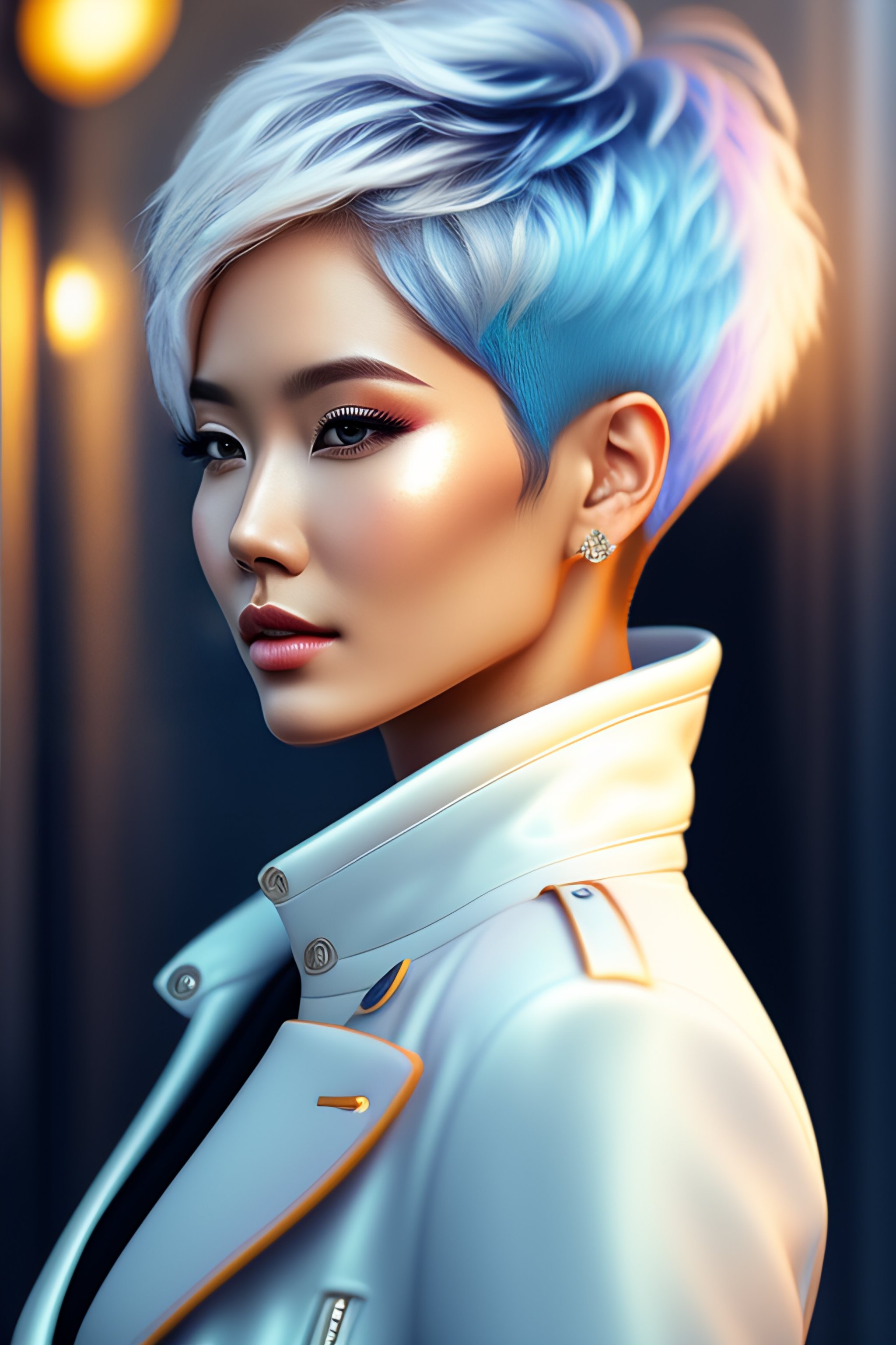 Lexica - White short pixie cut hair woman blue jacket Korean digital art