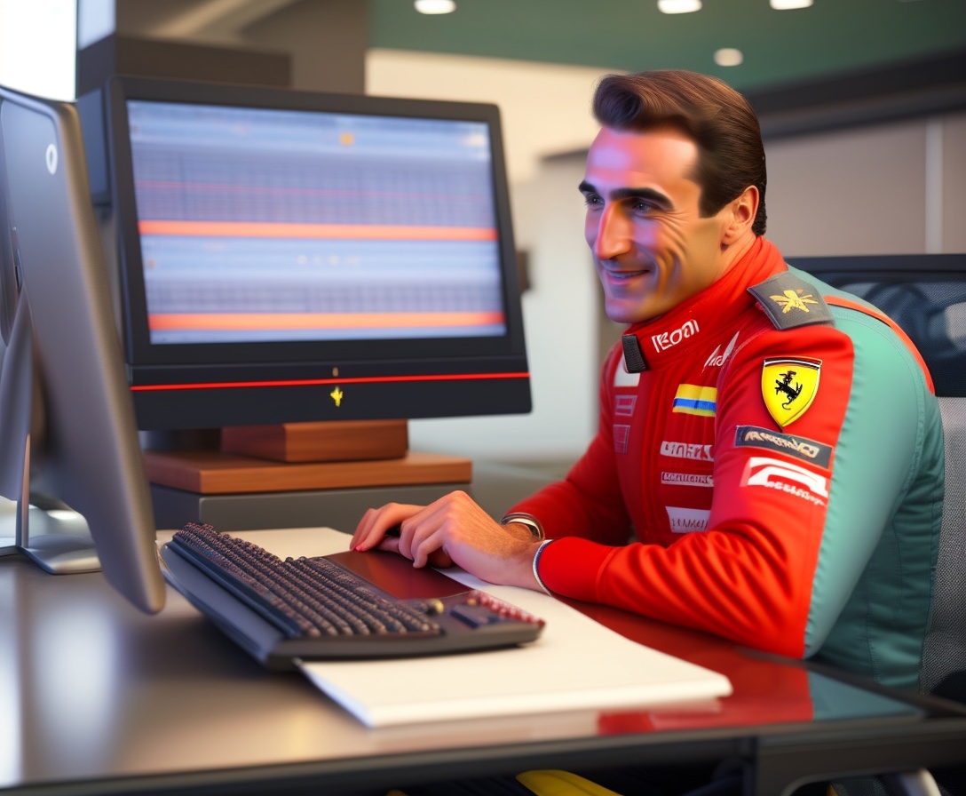 Lexica - Ferrari car racer Fangio in front of a computer screen ...