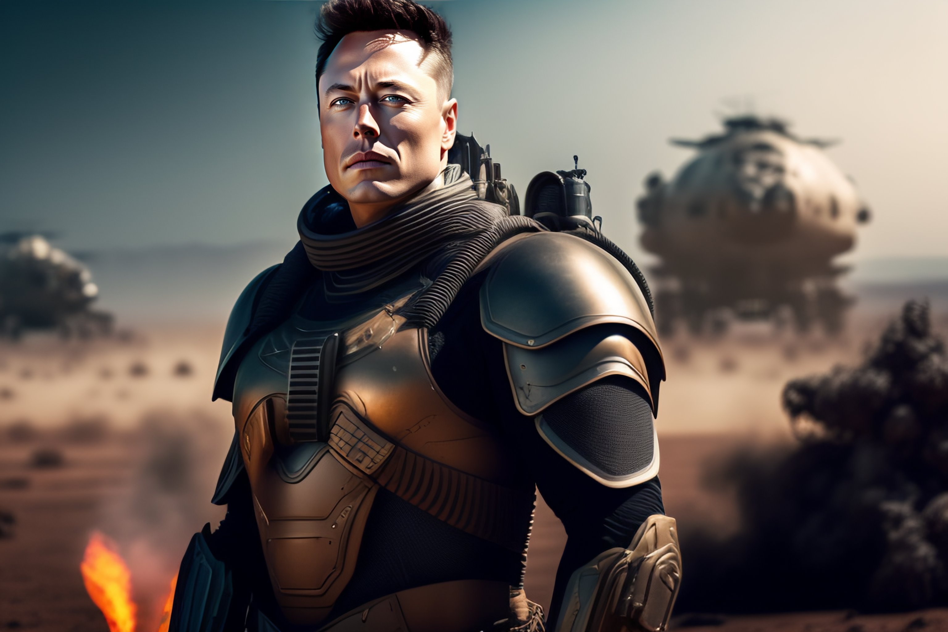 Lexica - Natural Elon musk face as a cyber warrior in a burnt land, extremely highly detailed ...