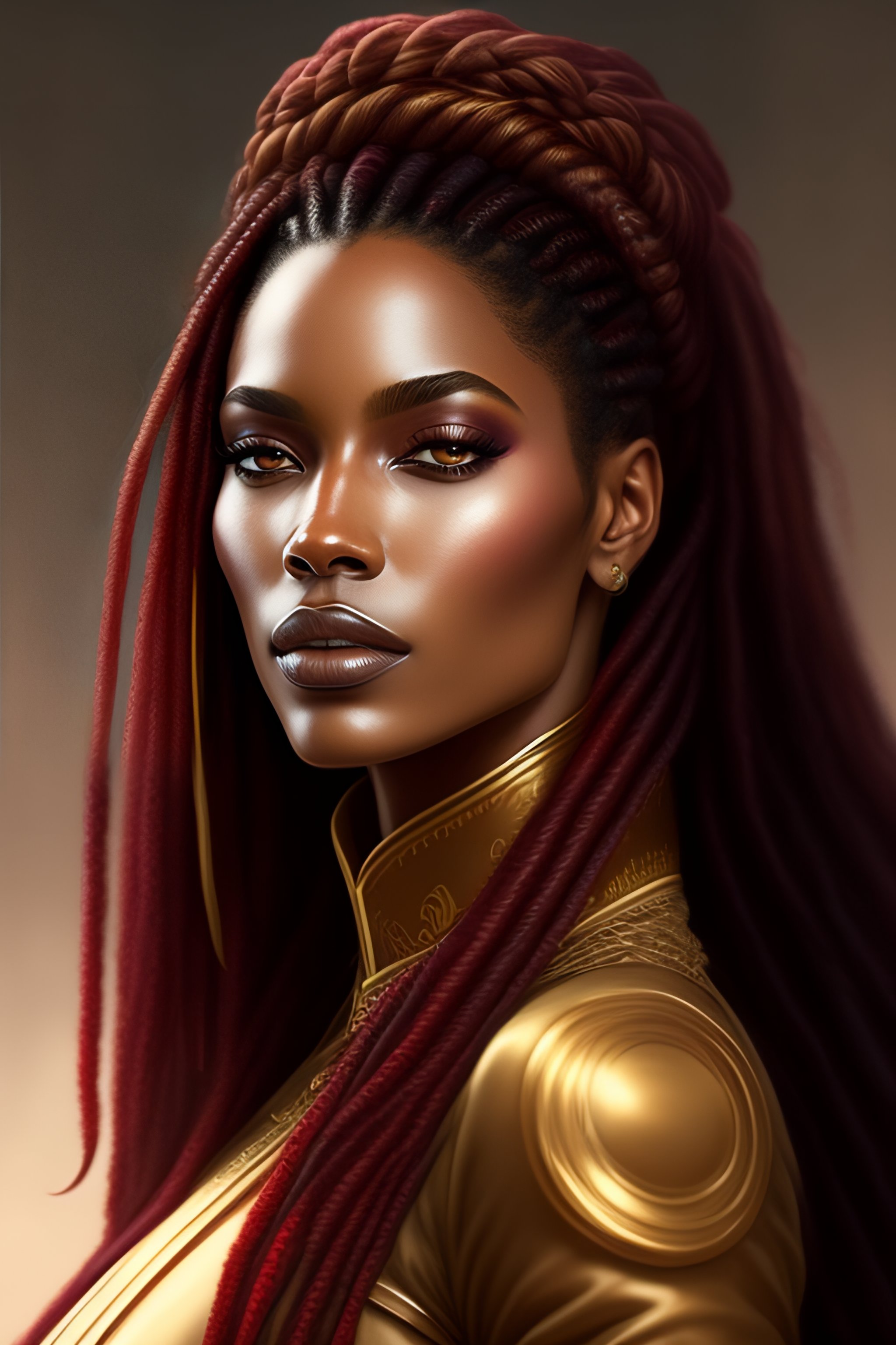 Lexica - Portrait of a queen with long marsala color dreadlocks, royal ...