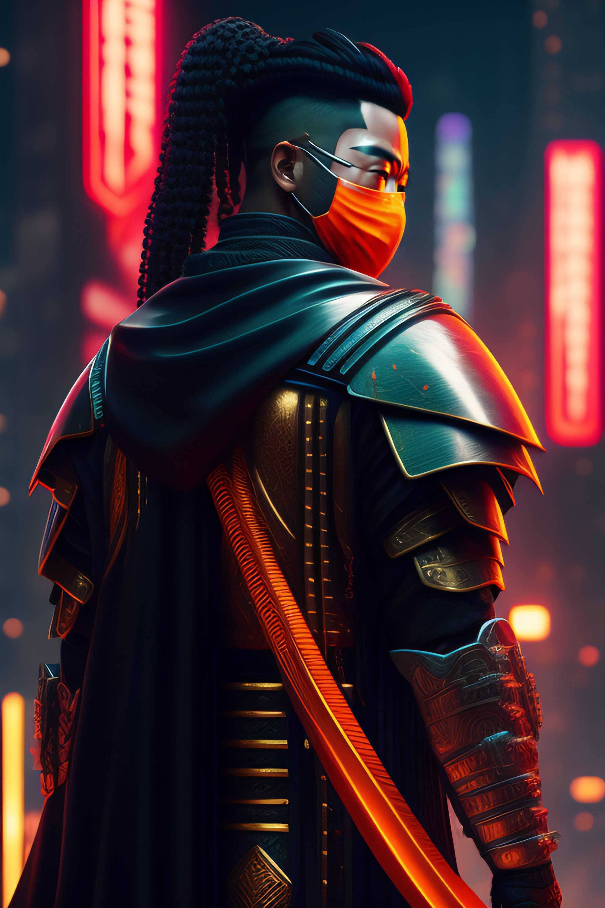 Lexica - Cyberpunk, samurai, black, mask, orange, sword, city, fighting ...
