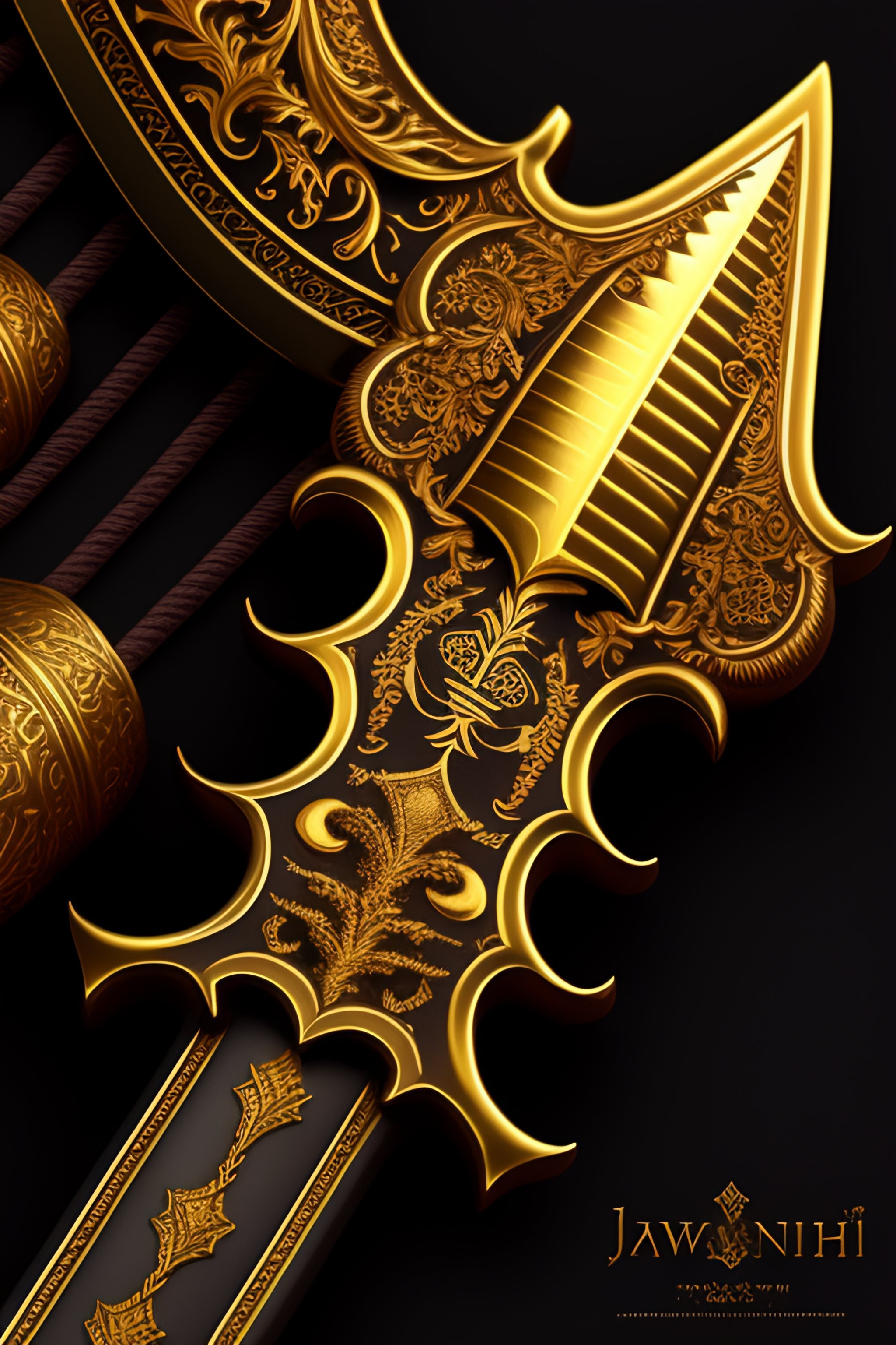 Lexica - An ornate sword with gold and brass fixtures, a golden brass ...