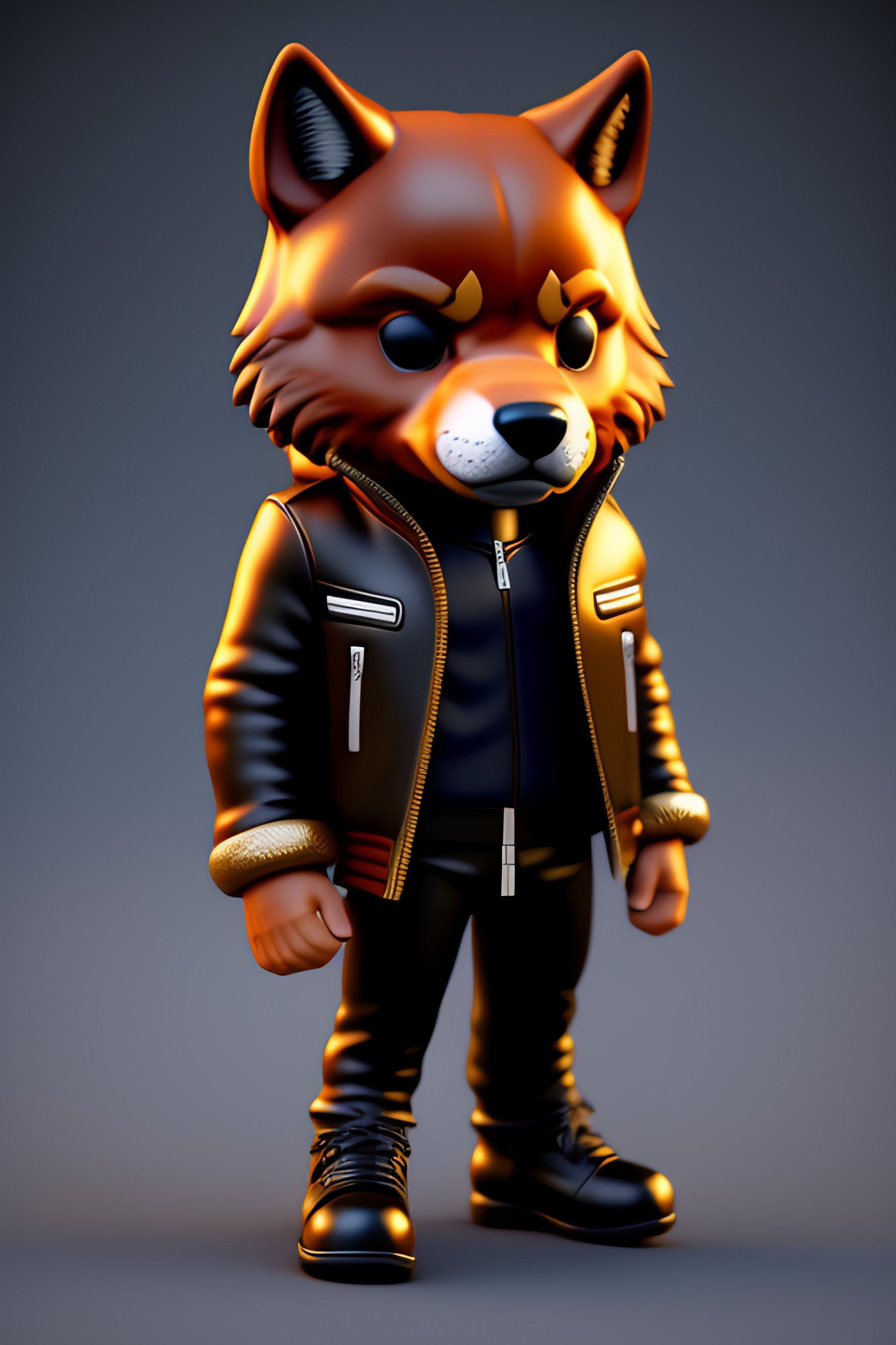 Lexica - Full body 3d octan render of funko pop wolf in a leather jacket