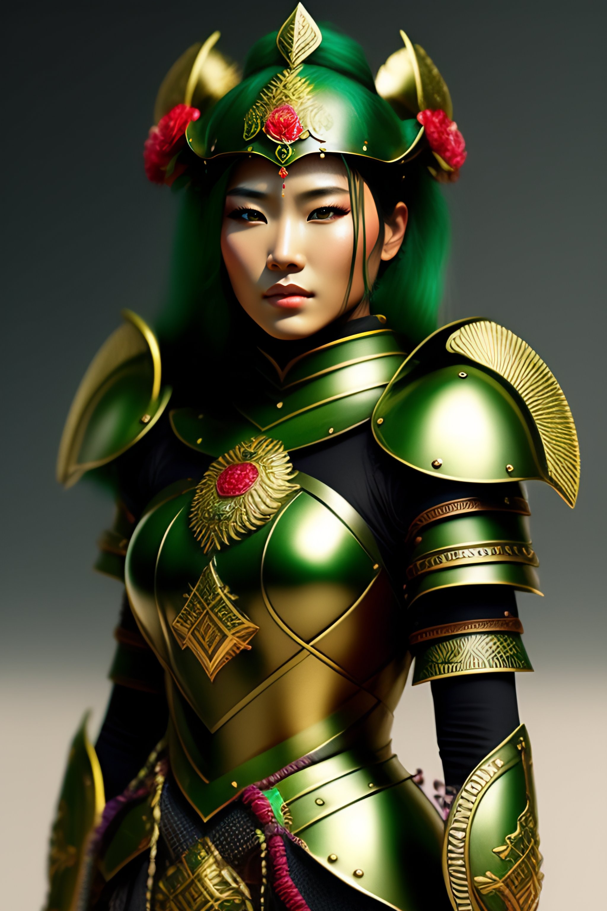 Lexica - Beautiful youthful female warrior, flower ornamented green ...