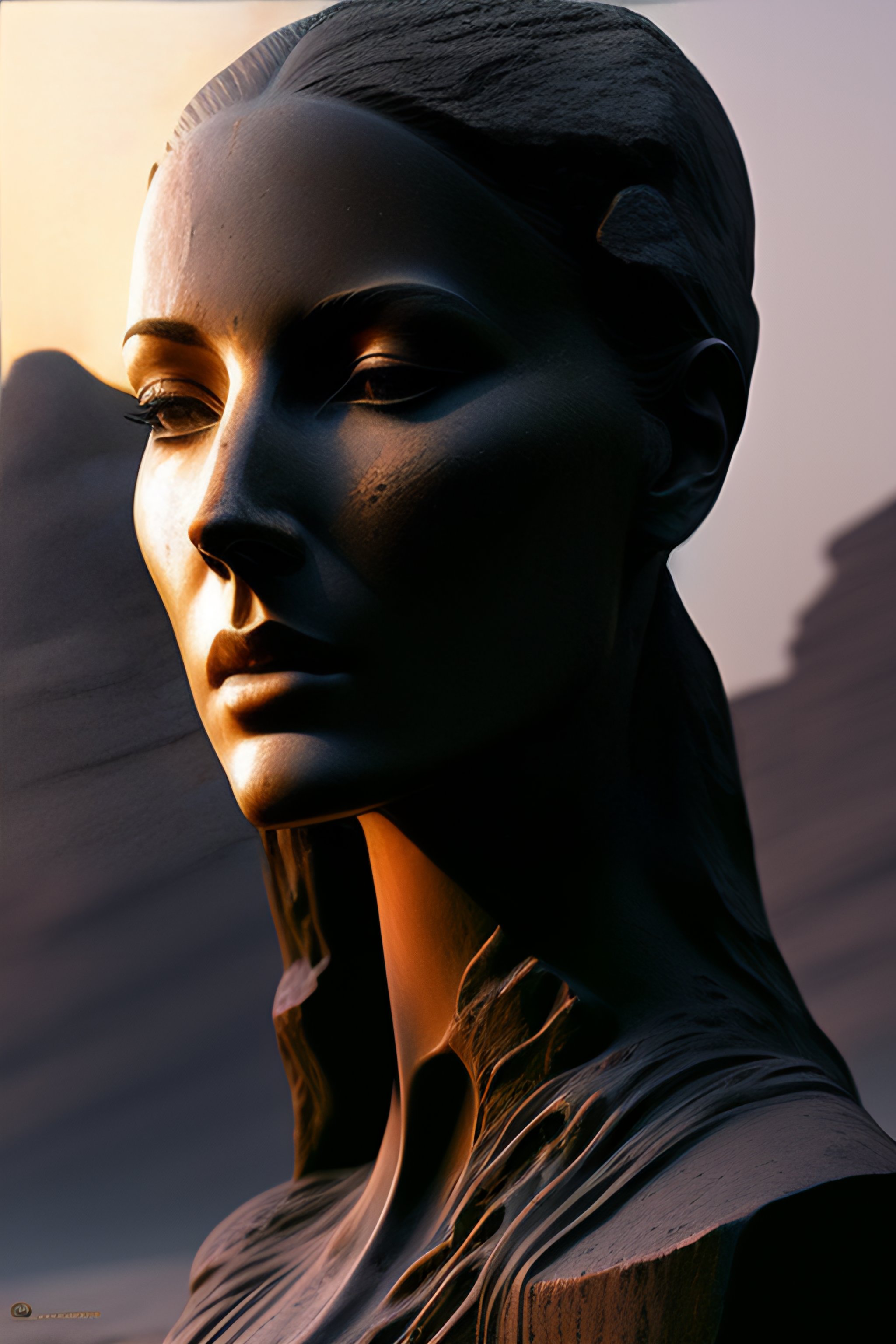 Lexica - Stone bust of woman, long neck, eyes closed, (skin made of ...