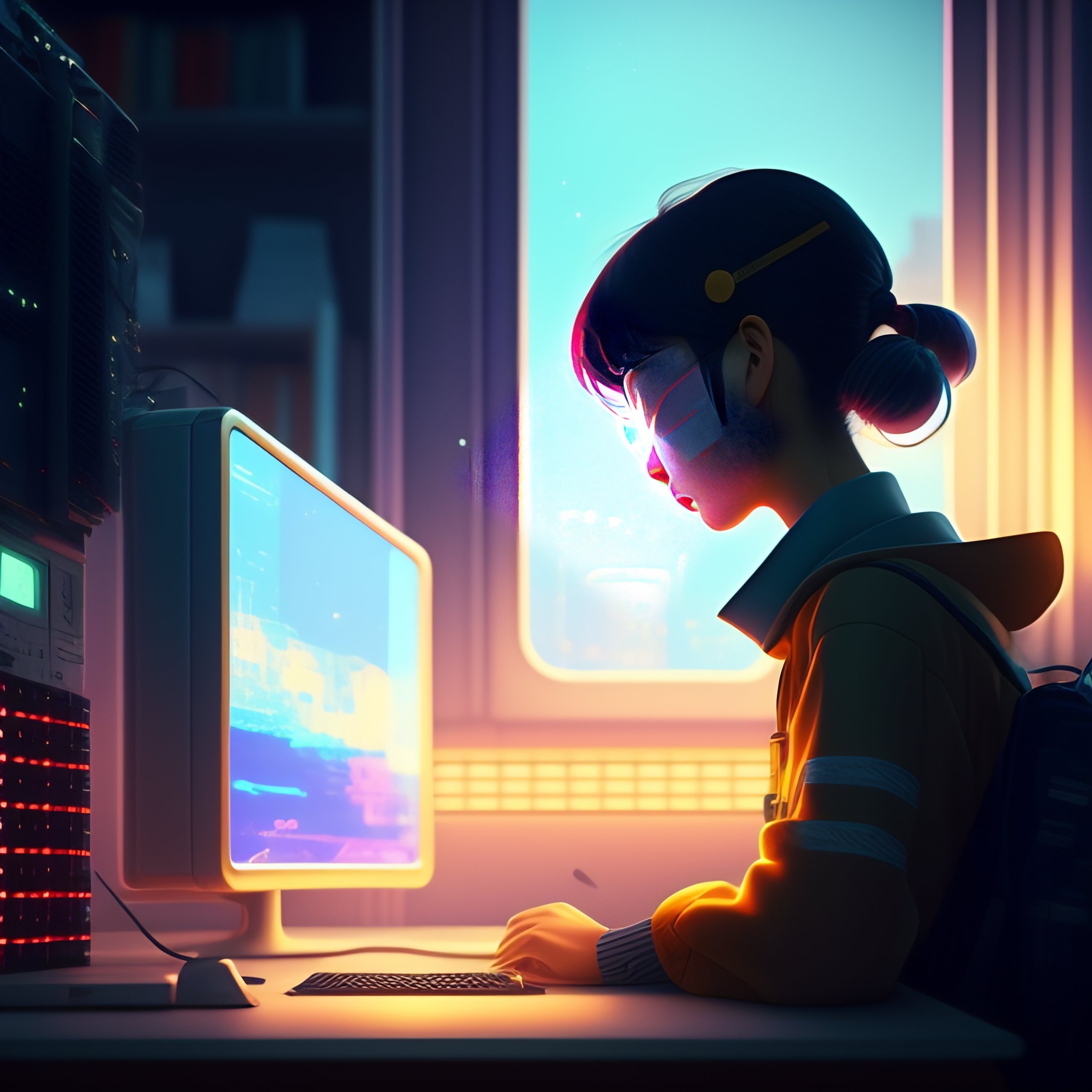 Lexica - A girl working on a computer in a small room with a big window ...