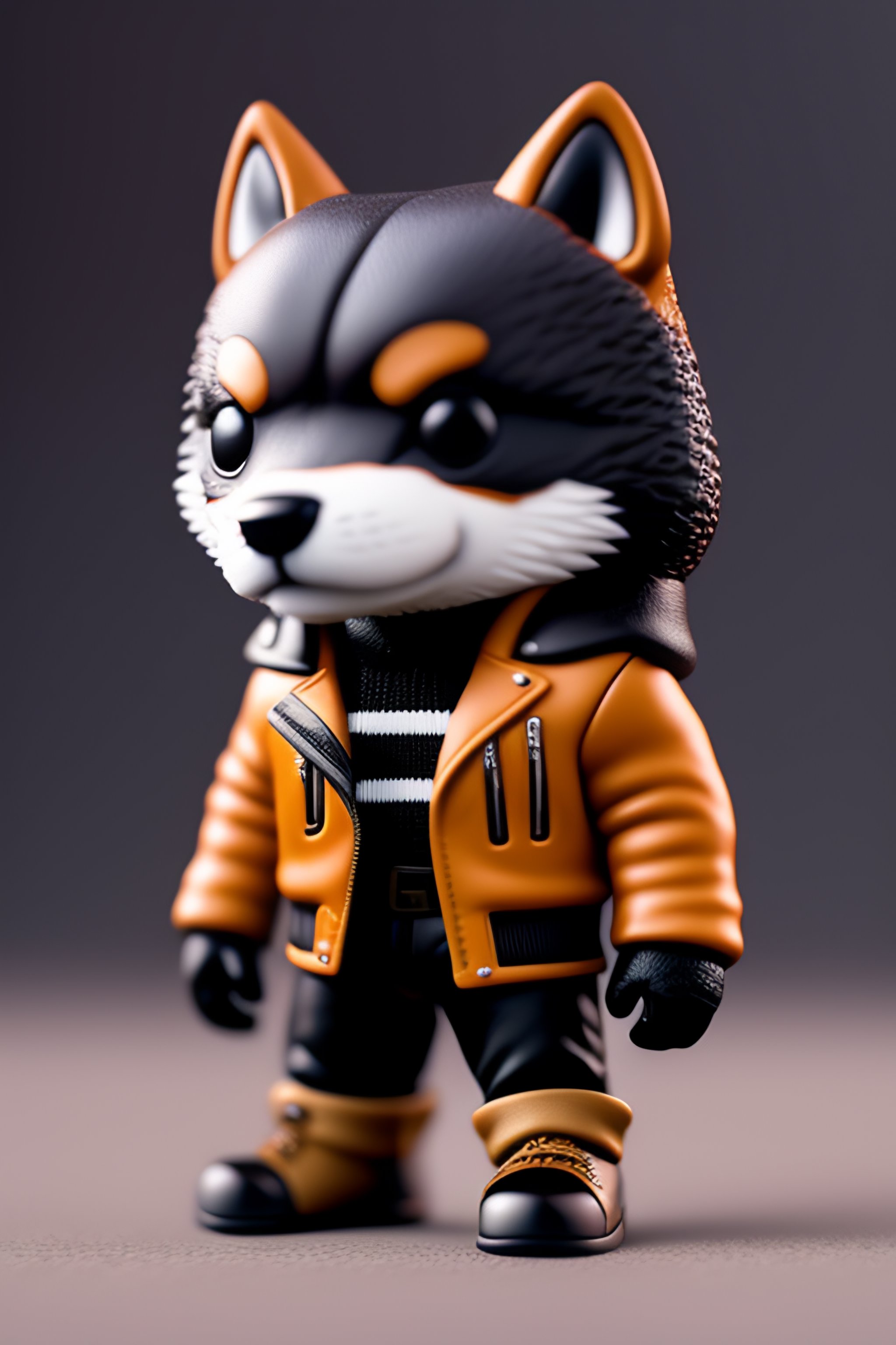 Lexica - Full body 3d render of funko pop wolf in a leather jacket